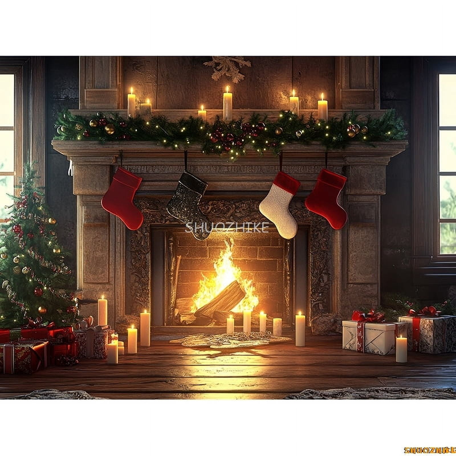 Cozy Christmas Day Sce Fireplace Photography Backdrop Props Winter ...