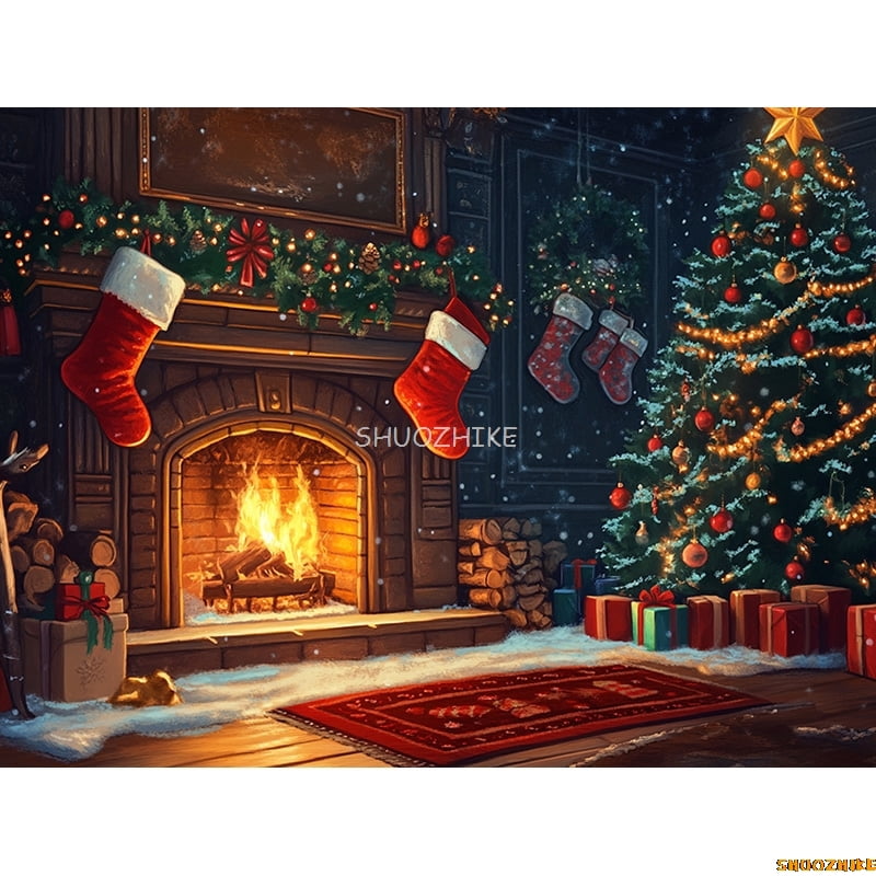 Cozy Christmas Day Sce Fireplace Photography Backdrop Props Winter ...