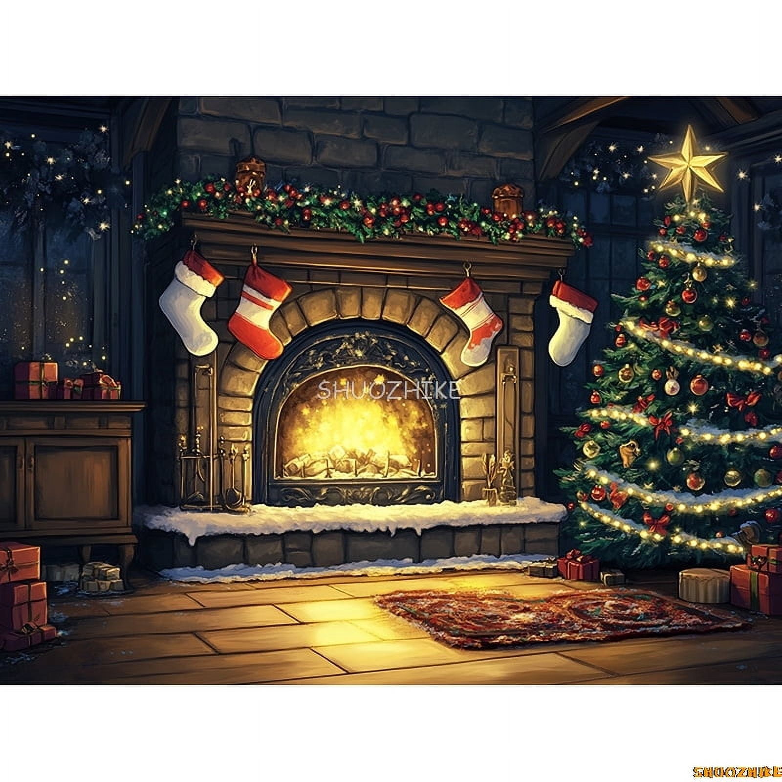 Cozy Christmas Day Sce Fireplace Photography Backdrop Props Winter ...