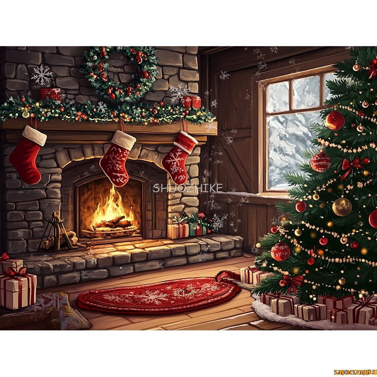 Cozy Christmas Day Sce Fireplace Photography Backdrop Props Winter ...