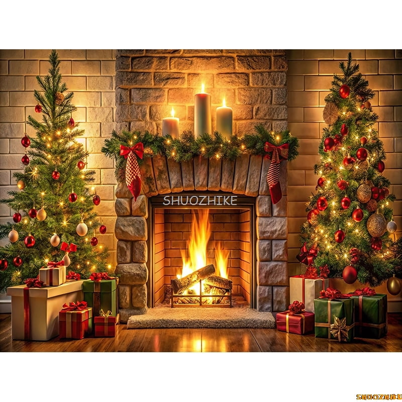 Cozy Christmas Day Sce Fireplace Photography Backdrop Props Winter ...