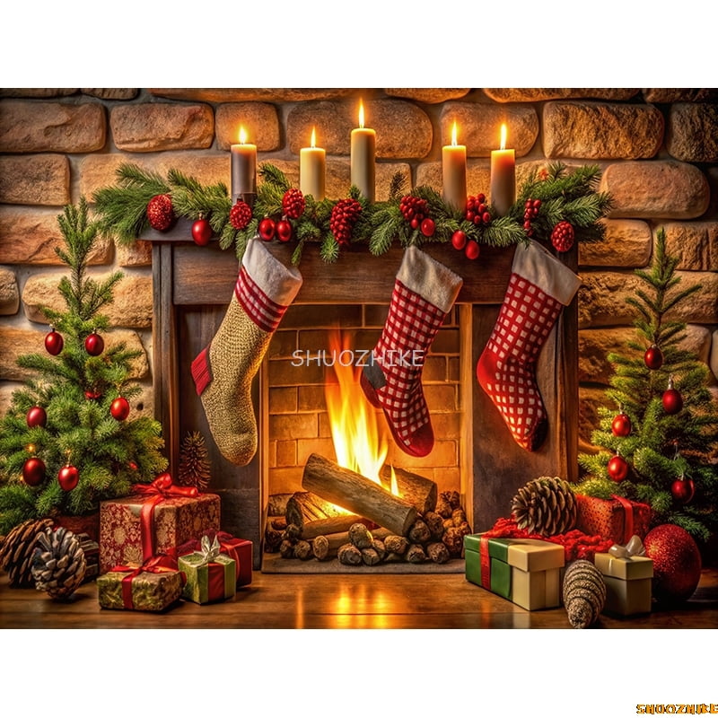 Cozy Christmas Day Sce Fireplace Photography Backdrop Props Winter ...