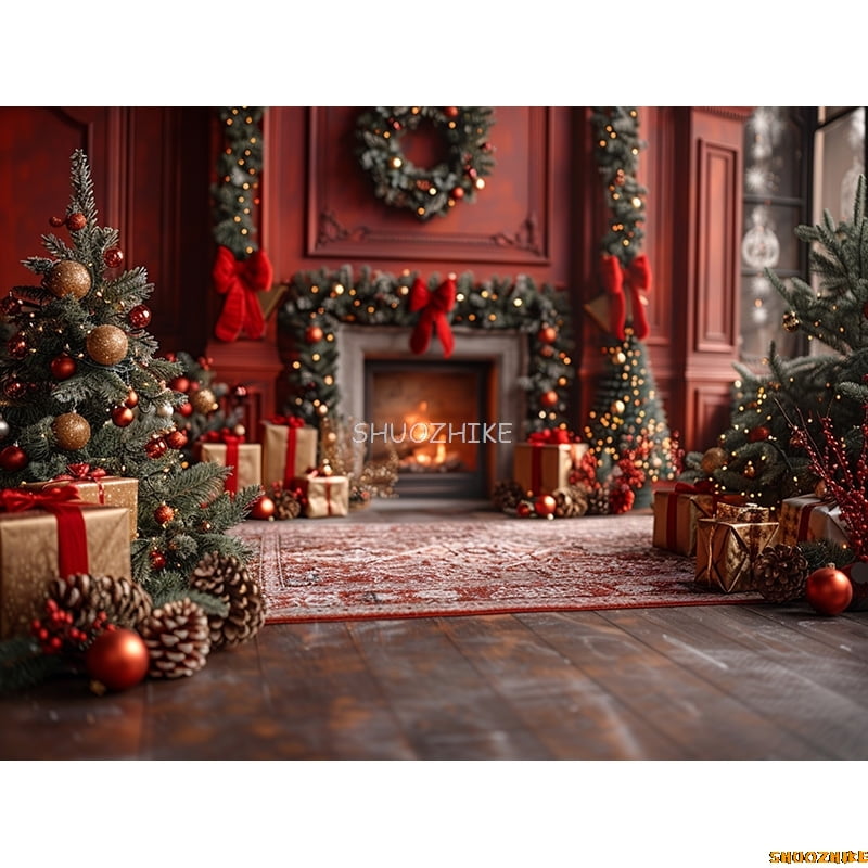 Cozy Christmas Day Sce Fireplace Photography Backdrop Props Winter ...