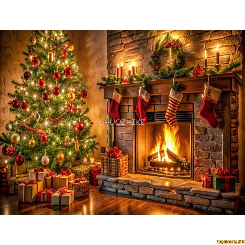 Cozy Christmas Day Sce Fireplace Photography Backdrop Props Winter ...