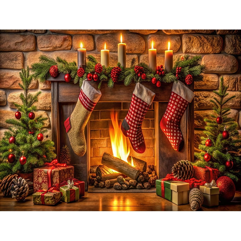 Cozy Christmas Day Scene Fireplace Photography Backdrop Props Winter ...