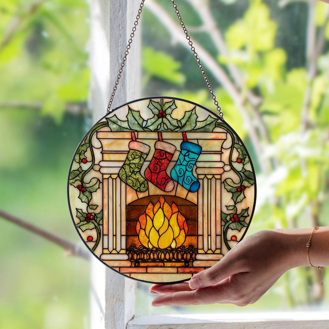 Cozy Christmas Fireplace Glass Suncatcher – Warm Holiday Hearth Art ...