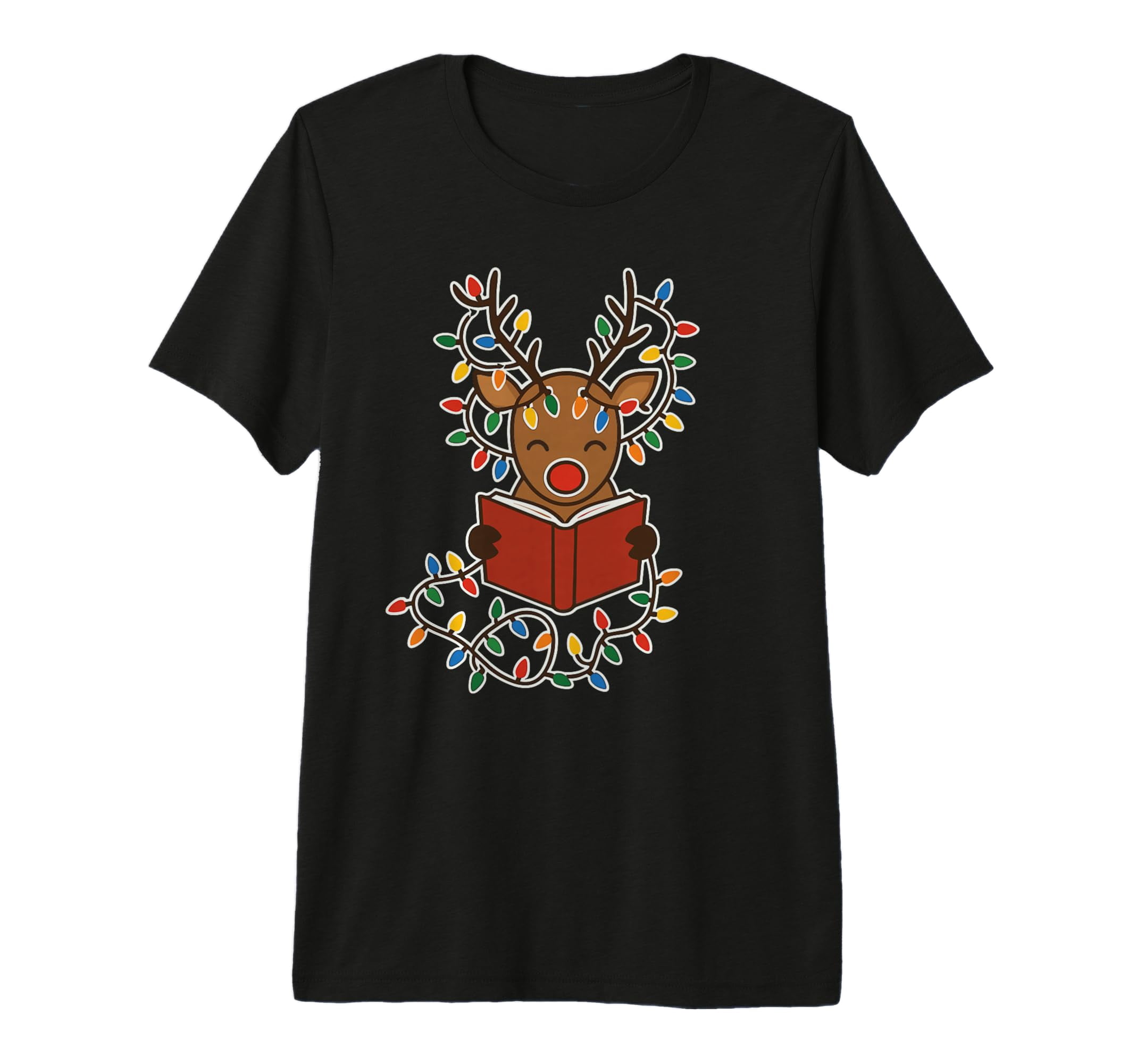 Cozy Christmas Reader T-Shirt with Whimsical Reindeer and Colorful ...