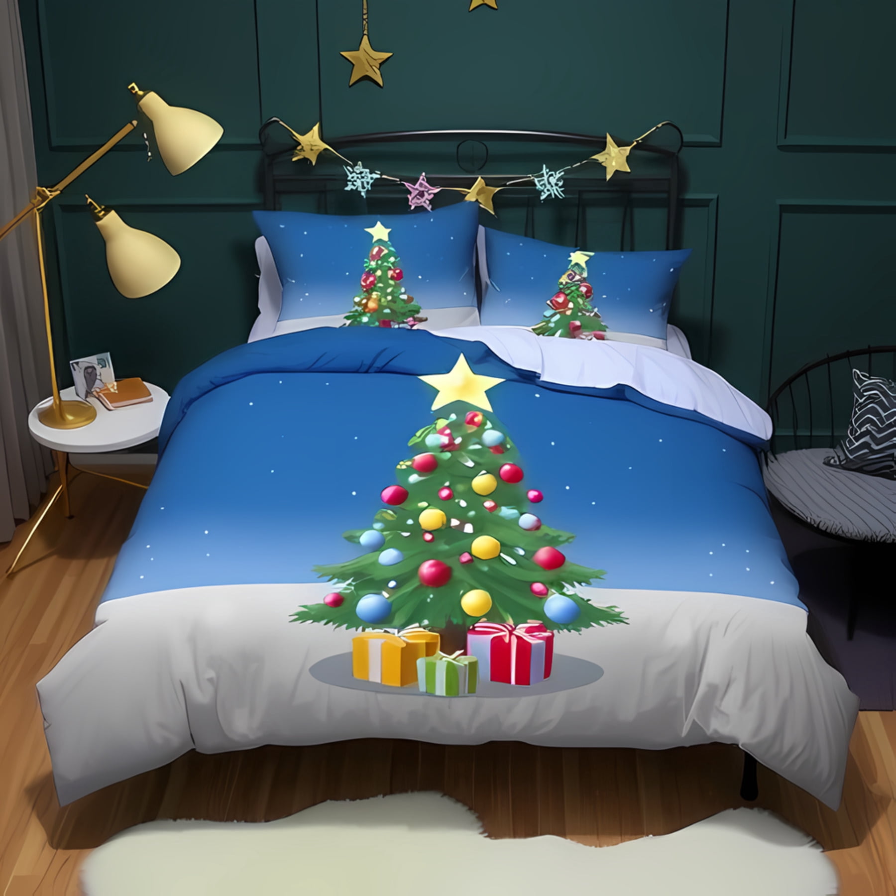 Cozy Christmas Tree Duvet Cover Set Vibrant Design on Deep Blue ...