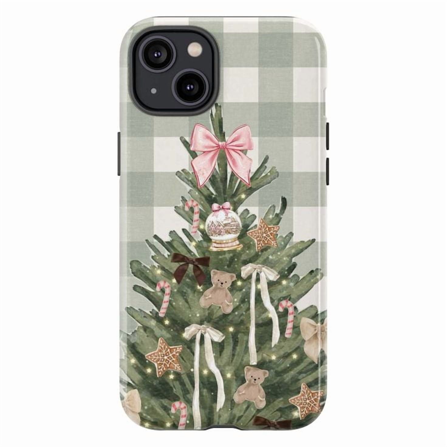 Cozy Christmas Tree & Teddy Bear Phone Case, Sage Gingham Holiday Plaid ...