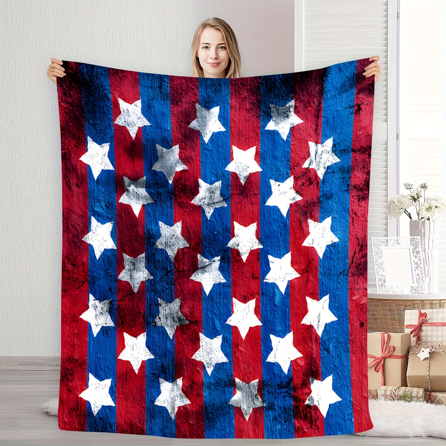 A Cozy Classic Red And Blue Striped Fleece Blanket with White Star ...
