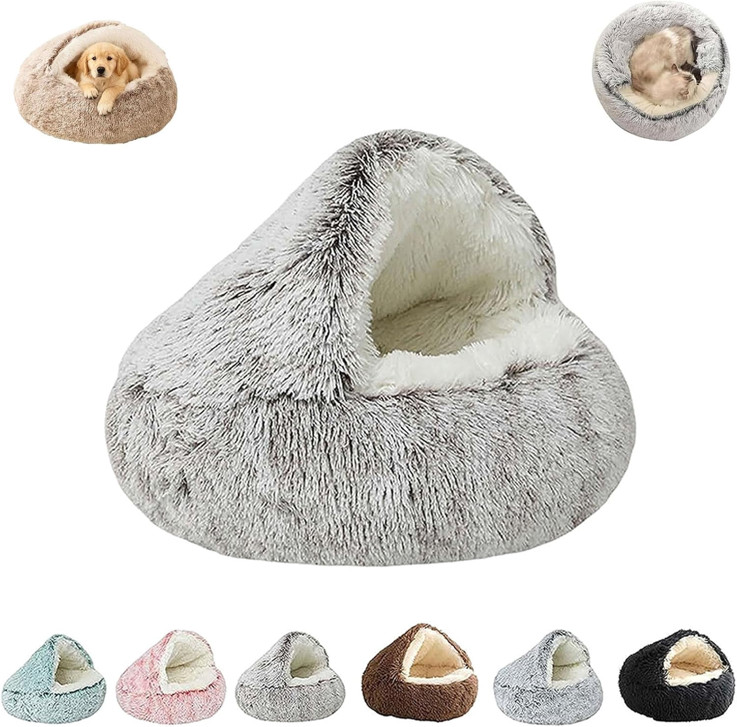 Cozy Cocoon Dog Bed, Hooded Cave Pet Bed Fluffy Plush Covered Burrow ...
