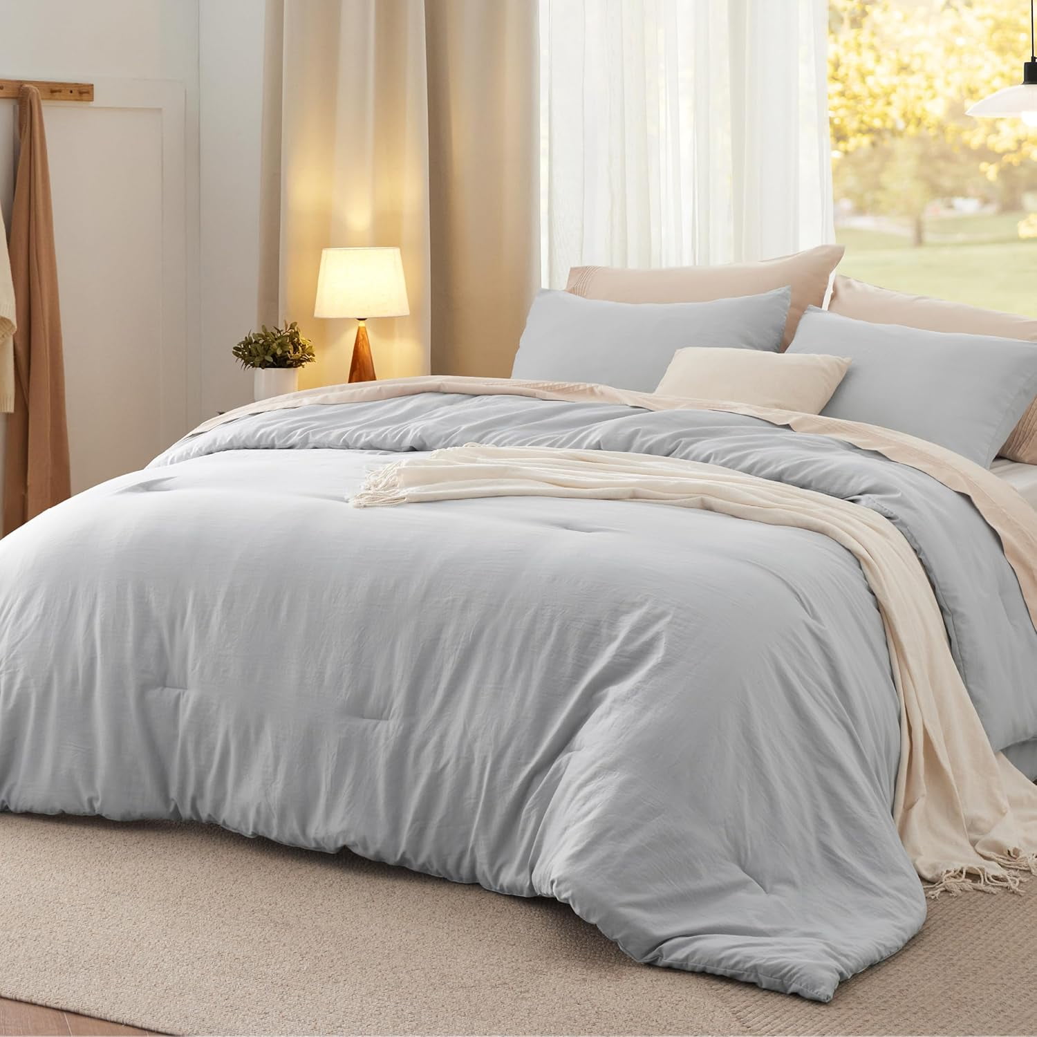 Cozy Comfort 3 Pieces Full Comforter Bedding Set, Light Gray Comforter ...