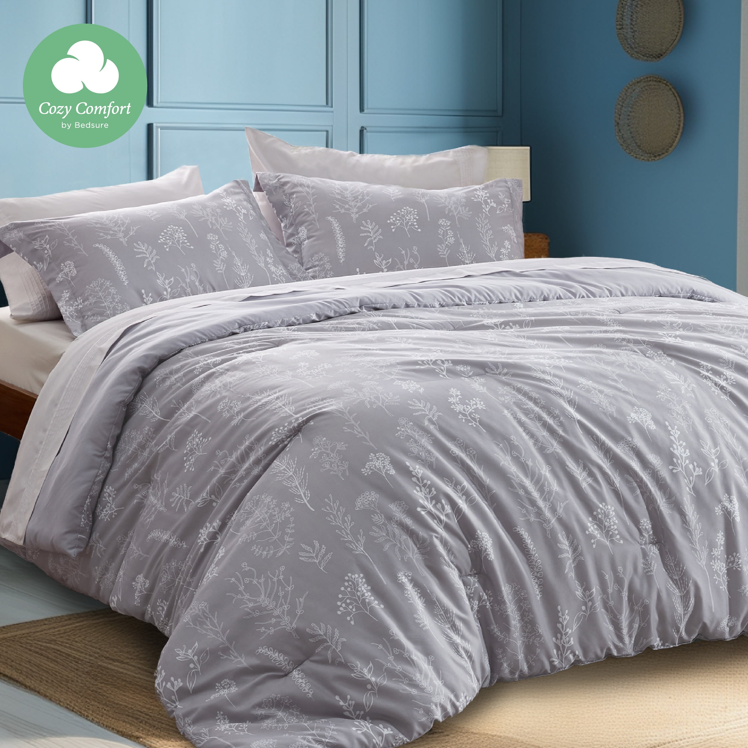 Cozy Comfort 3 Pieces Grey King Size Comforter Sets, Flowers Botanical ...