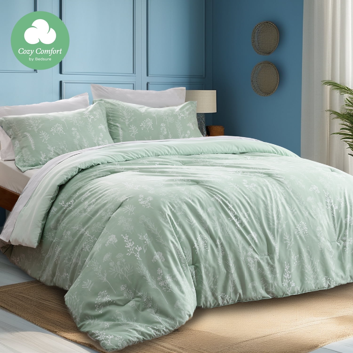 Cozy Comfort 3 Pieces Queen Floral Comforter Sets, Sage Green Botanical ...