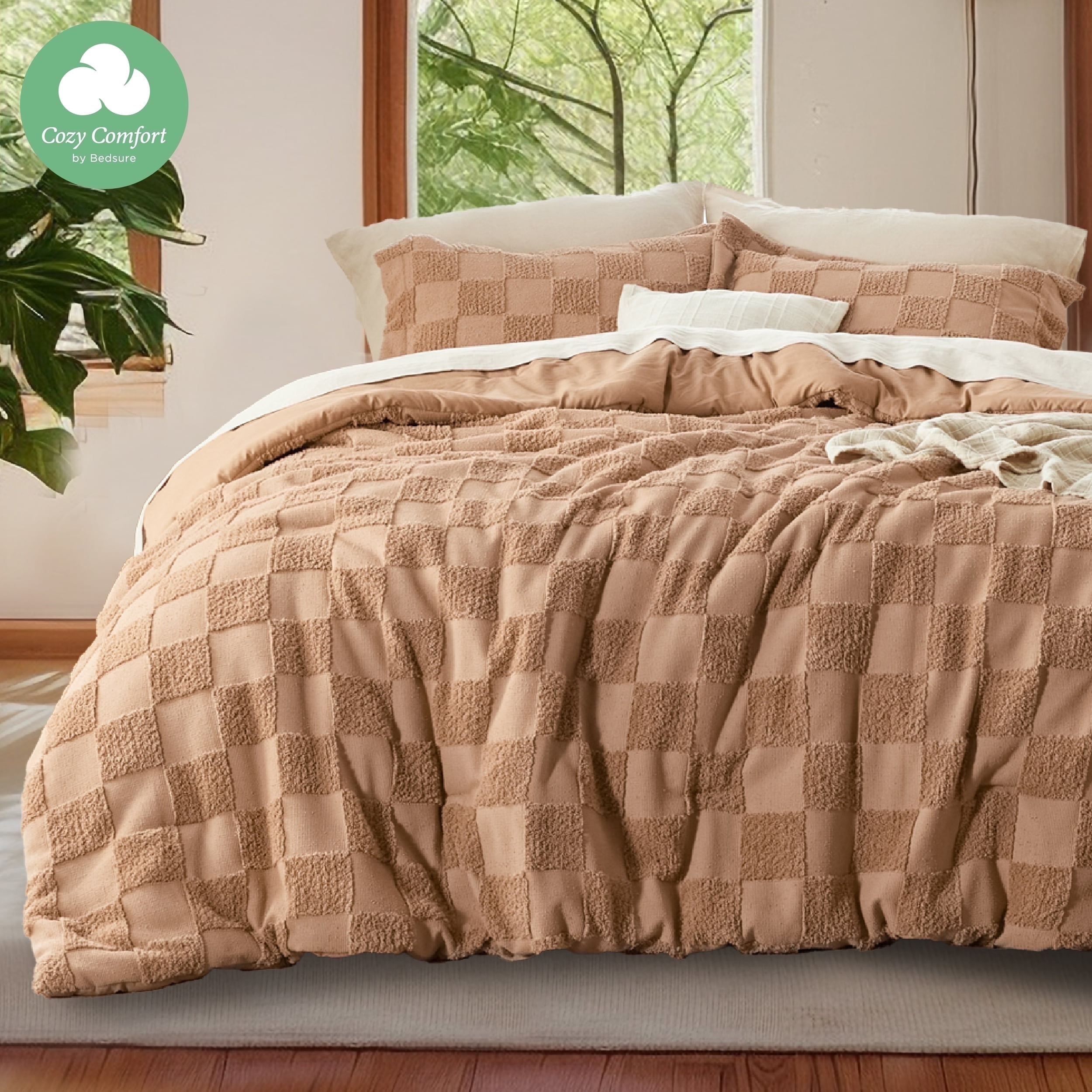 Cozy Comfort 3 Pieces Taupe Comforter Set, Queen, Boho Tufted Checkered ...