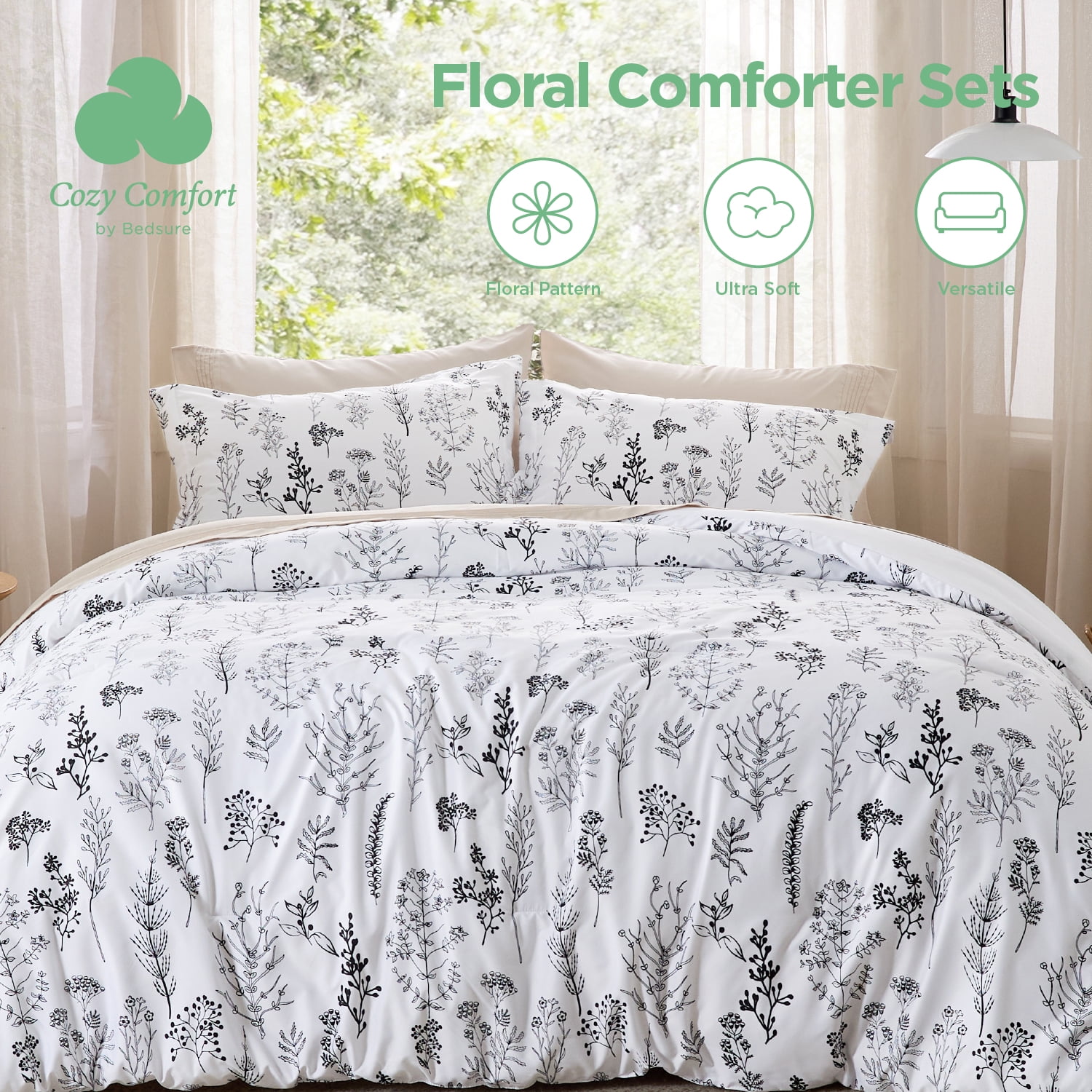 Cozy Comfort 3 Pieces White Full Size Comforter Sets Cute Flowers Botanical Lightweight Soft Bedding Set with 2 Pillow Shams