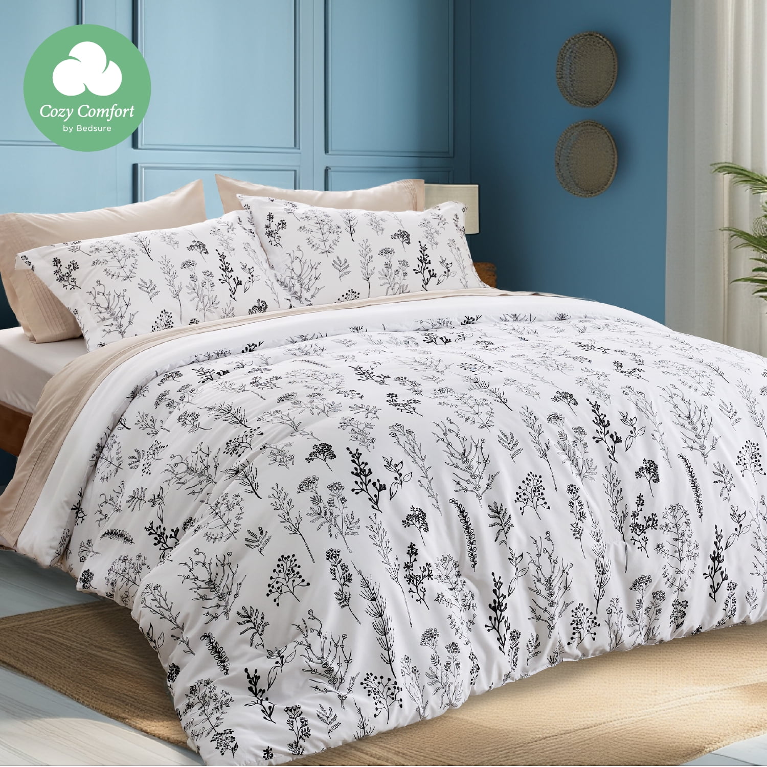 Cozy Comfort Full Comforter Sets, 3 Pieces Reversible Botanical Bedding ...