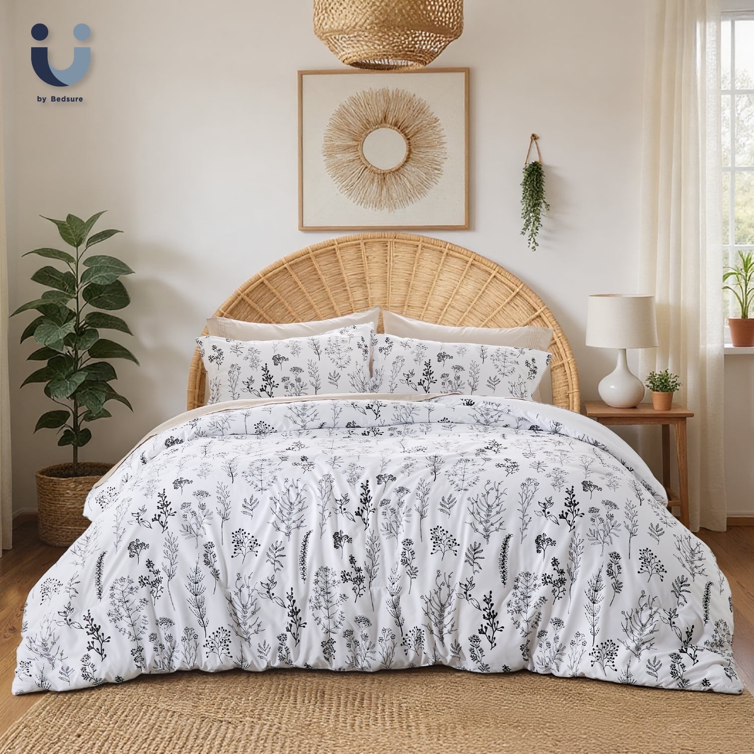 Cozy Comfort Full Reversible Botanical Bedding Set with White Flower ...