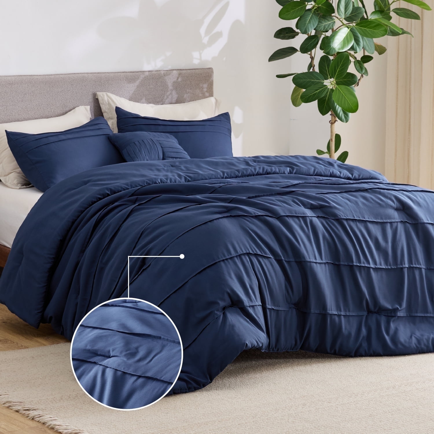 Cozy Comfort King Comforter Set, 4 Pieces Soft Pinch Pleat Navy Bedding ...