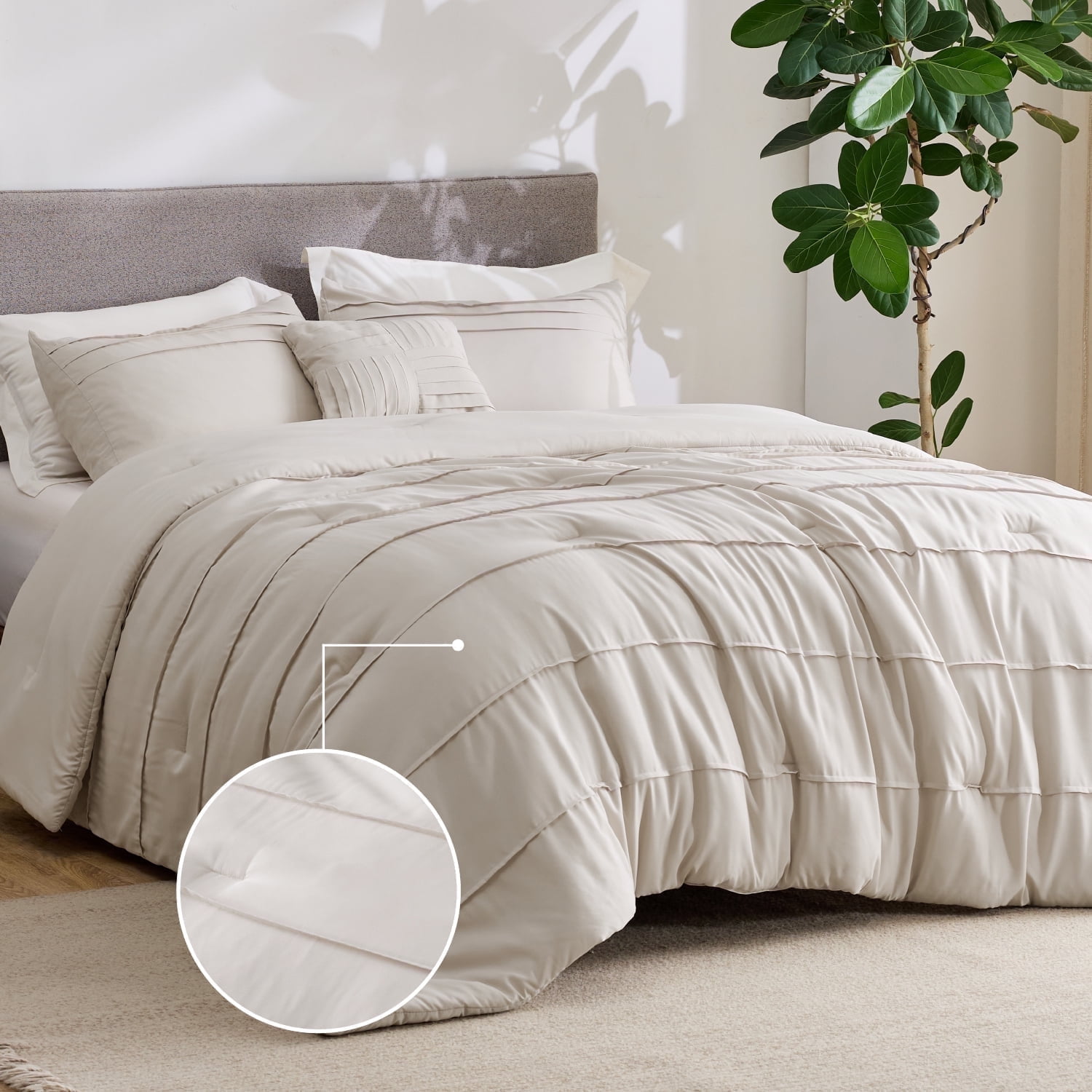 Cozy Comfort Queen Comforter Set, 4 Pieces Soft Pinch Pleat Beige ...