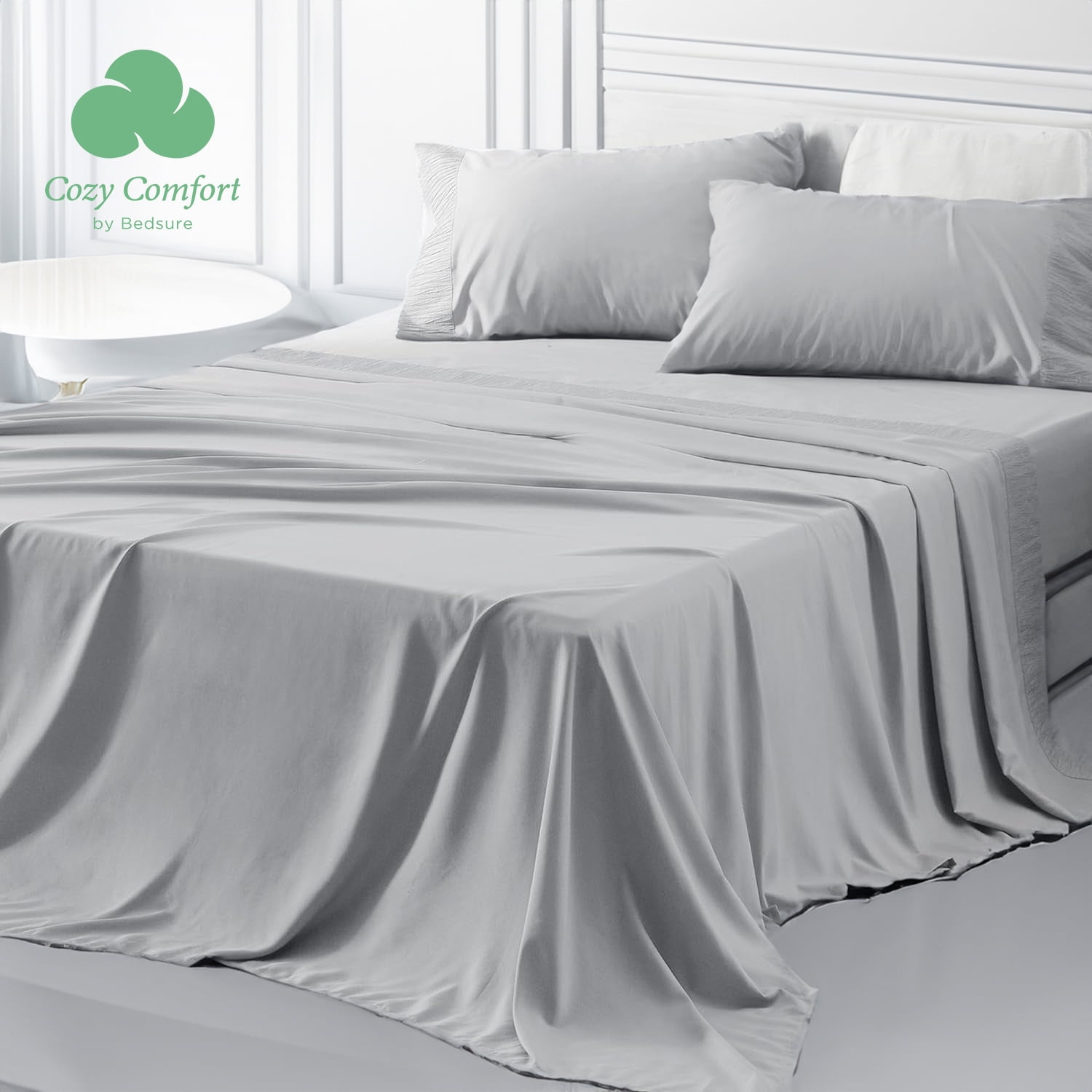 Cozy Comfort 4 Pieces Light Grey Sheets King Easy Care Polyester ...