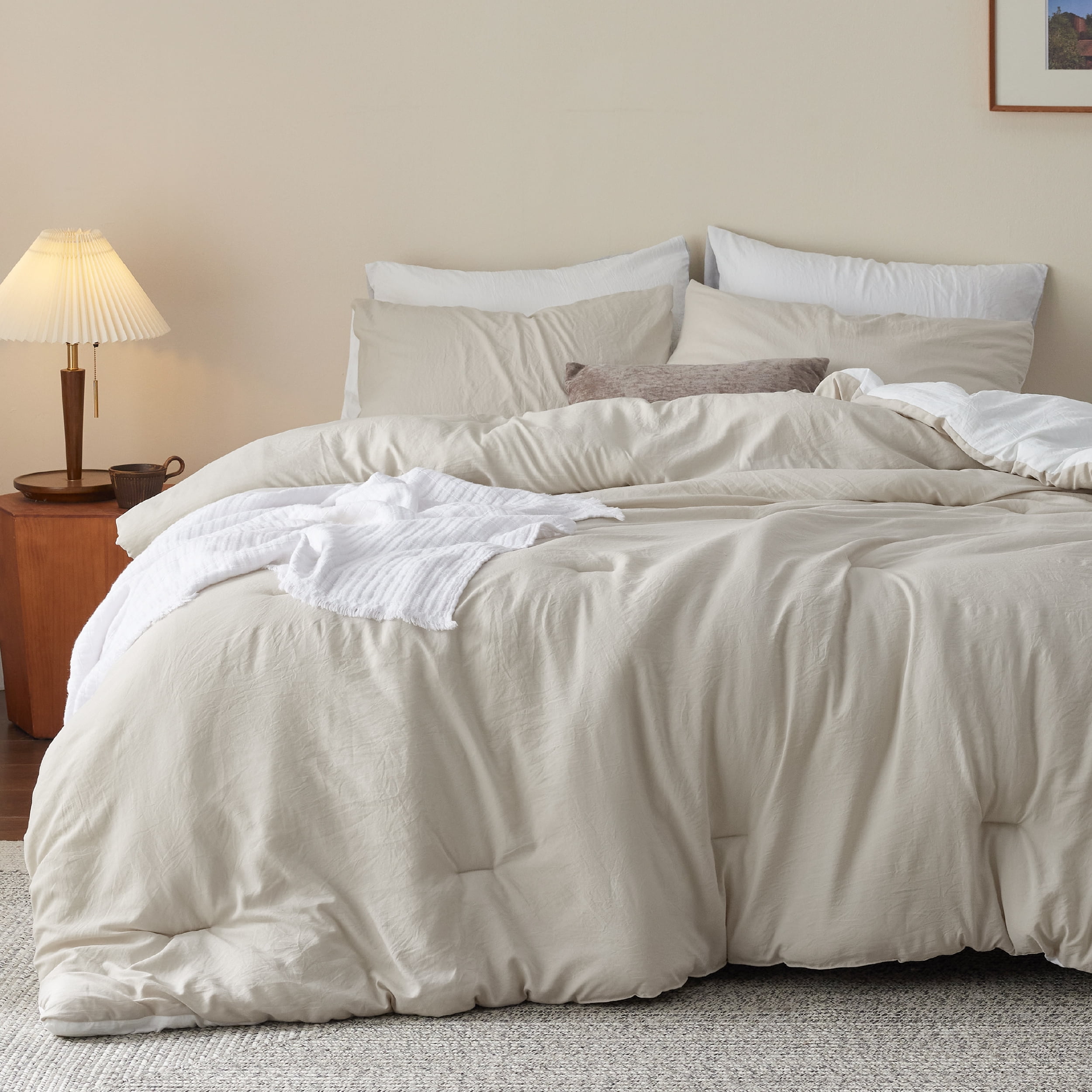 Cozy Comfort Bedding Comforter Sets Queen, Reversible Beige and White ...