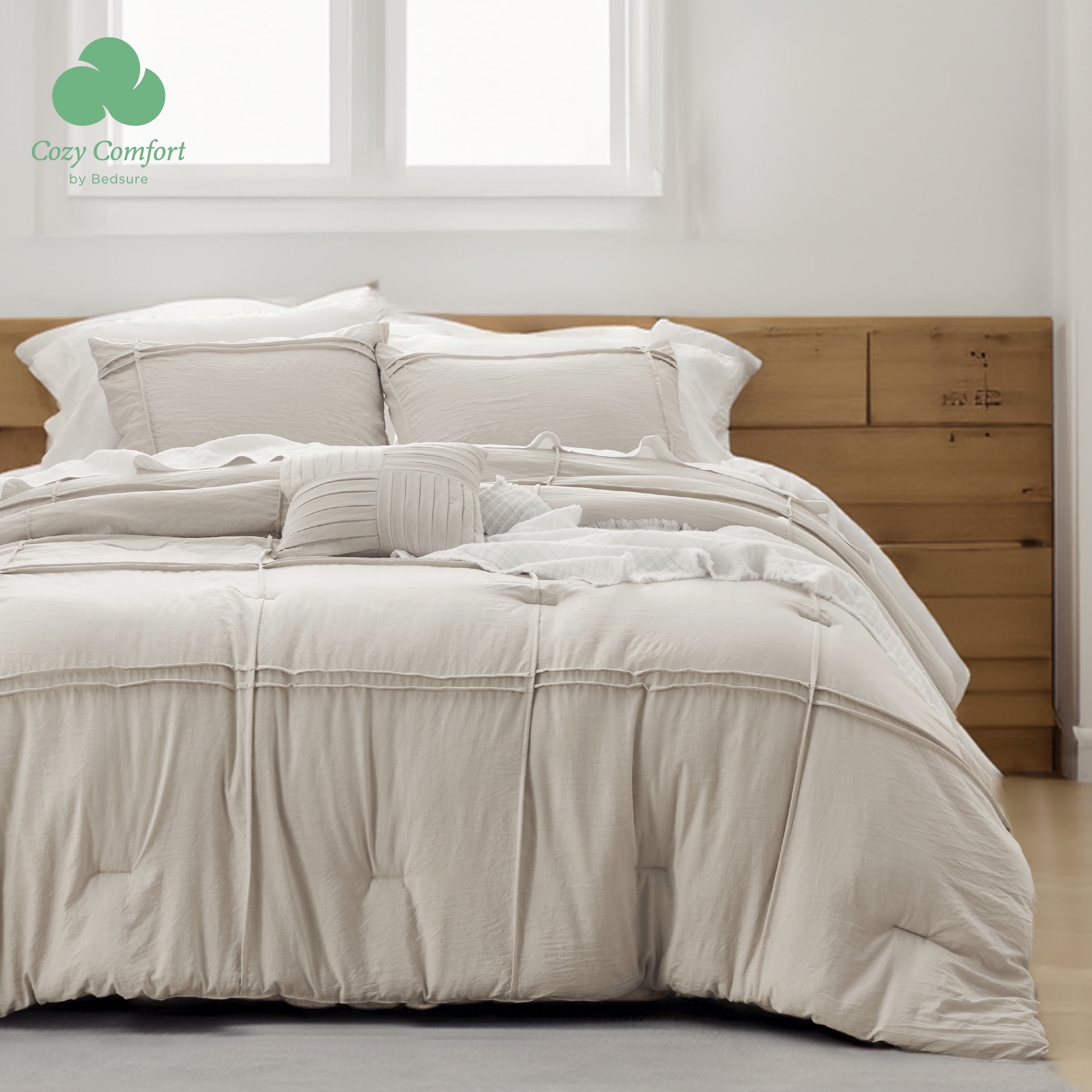 Bedsure Cozy Comfort Beige Queen Comforter Set, 4 Pieces Grid Pleated ...