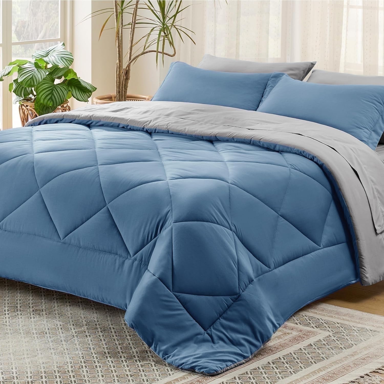 U by Bedsure Blue Full Comforter Set - 7 Pieces Reversible Blue Bedding ...