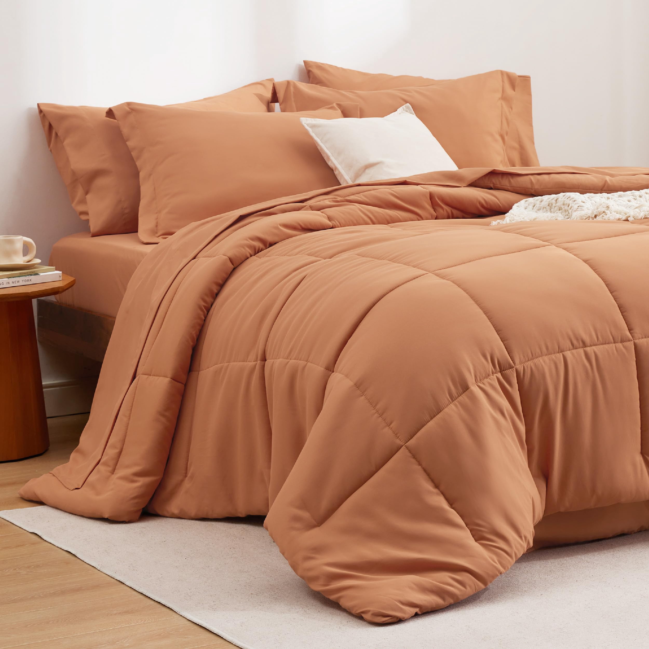 Cozy Comfort Burnt Orange Queen Size Comforter Set - 7 Pieces Solid ...