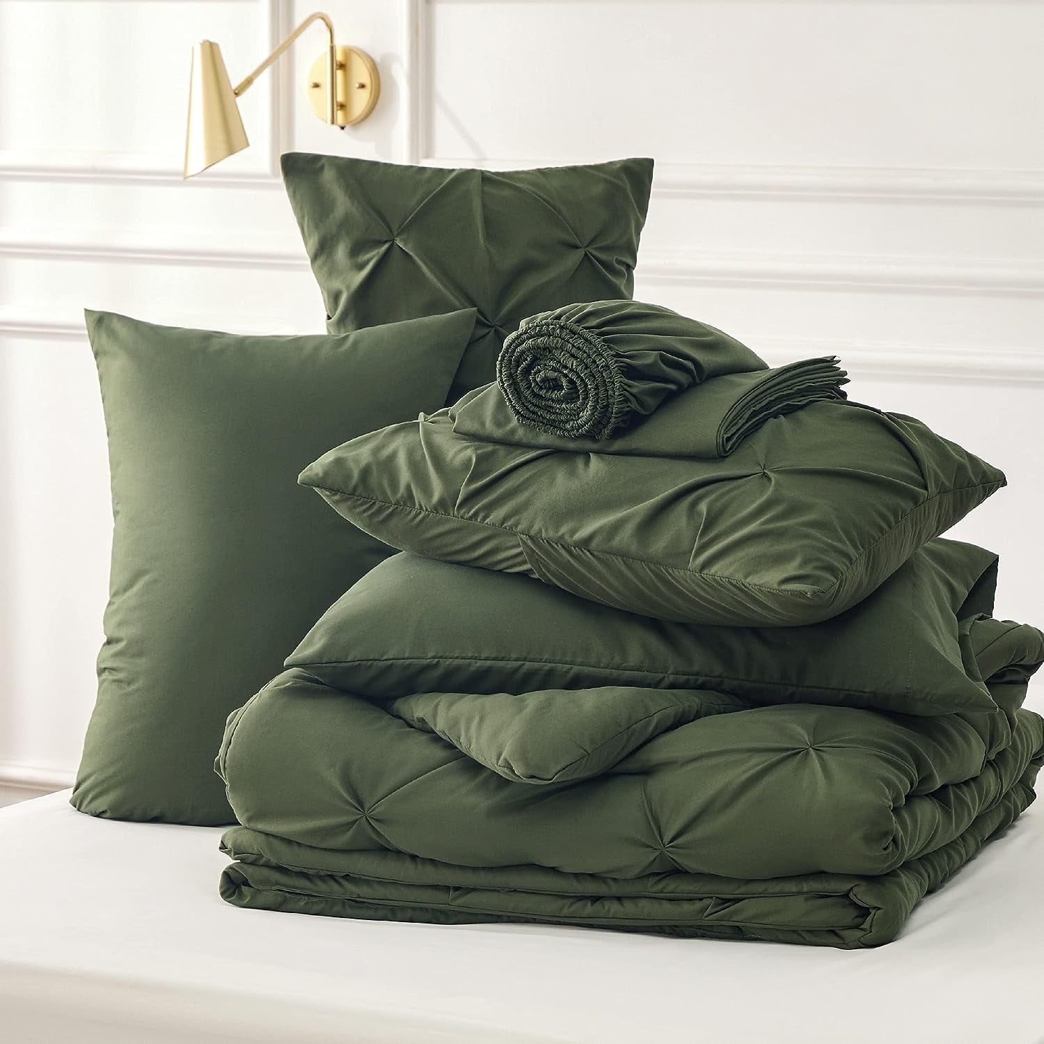 Cozy Comfort Cal King Comforter Set Olive Green - 7 Pieces Pintuck Bed ...