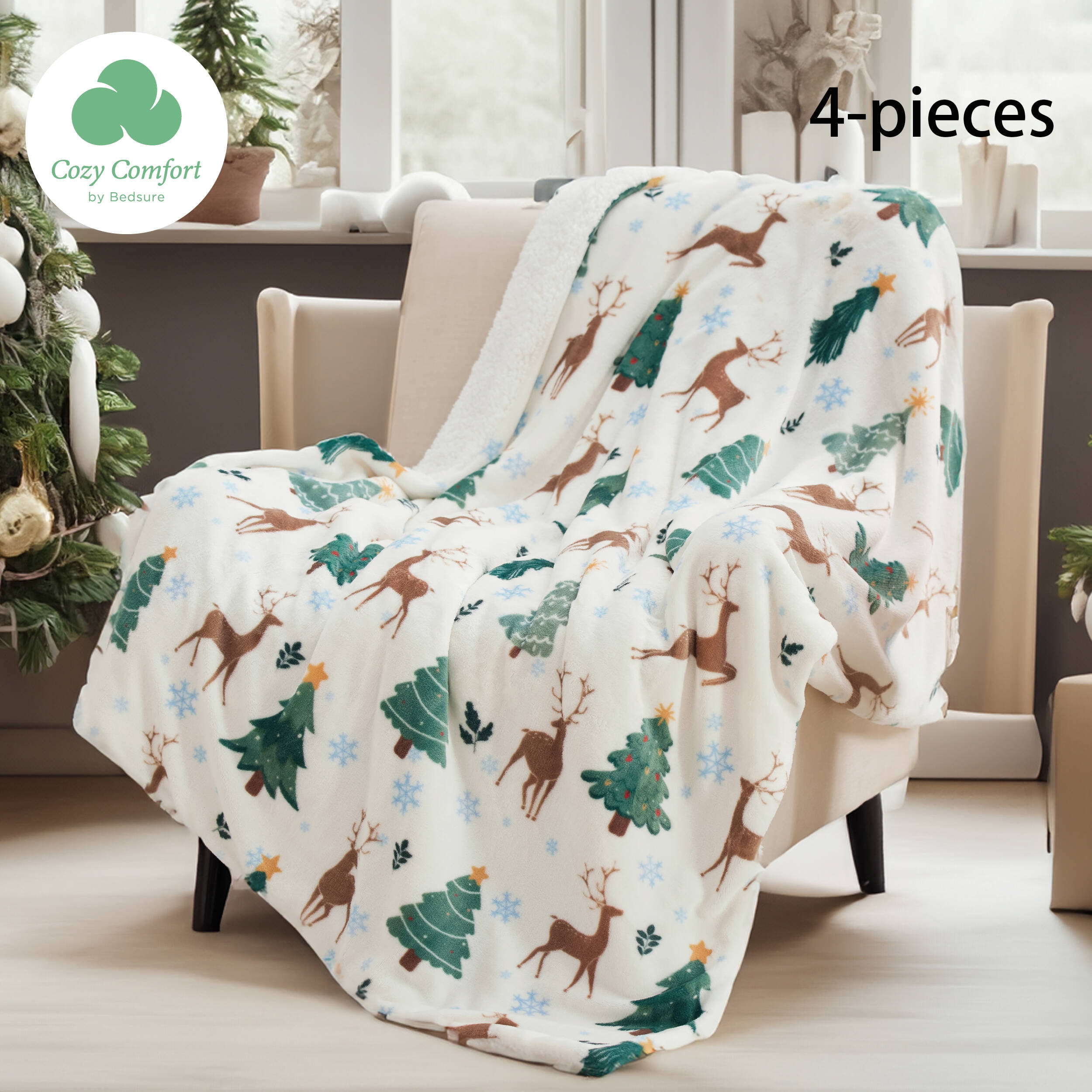(4 pack) Cozy Comfort Christmas Throw Blanket - Soft and Warm Sherpa ...