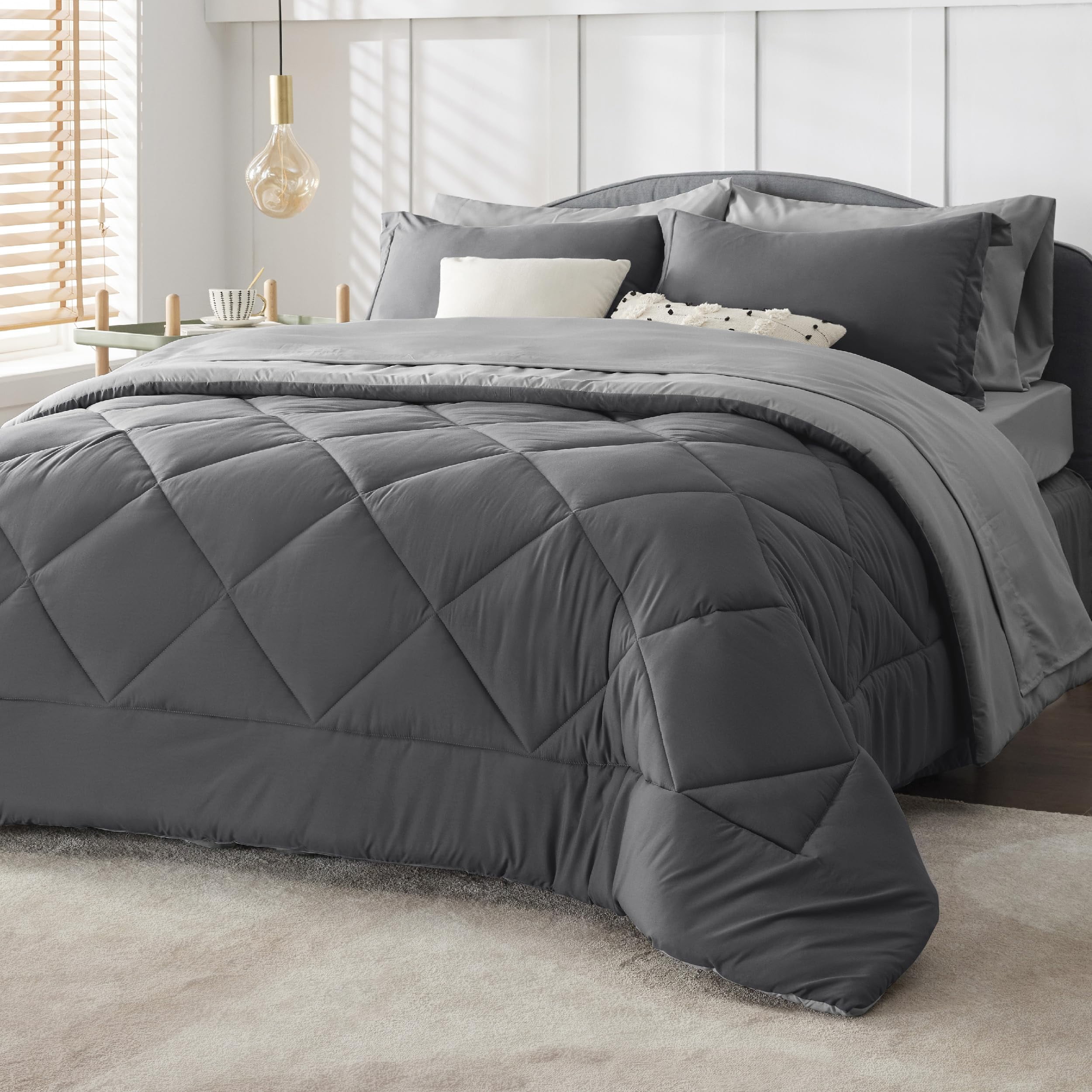 Cozy Comfort Comforter Set - 7 Pieces Dark Grey/Light Grey Full ...
