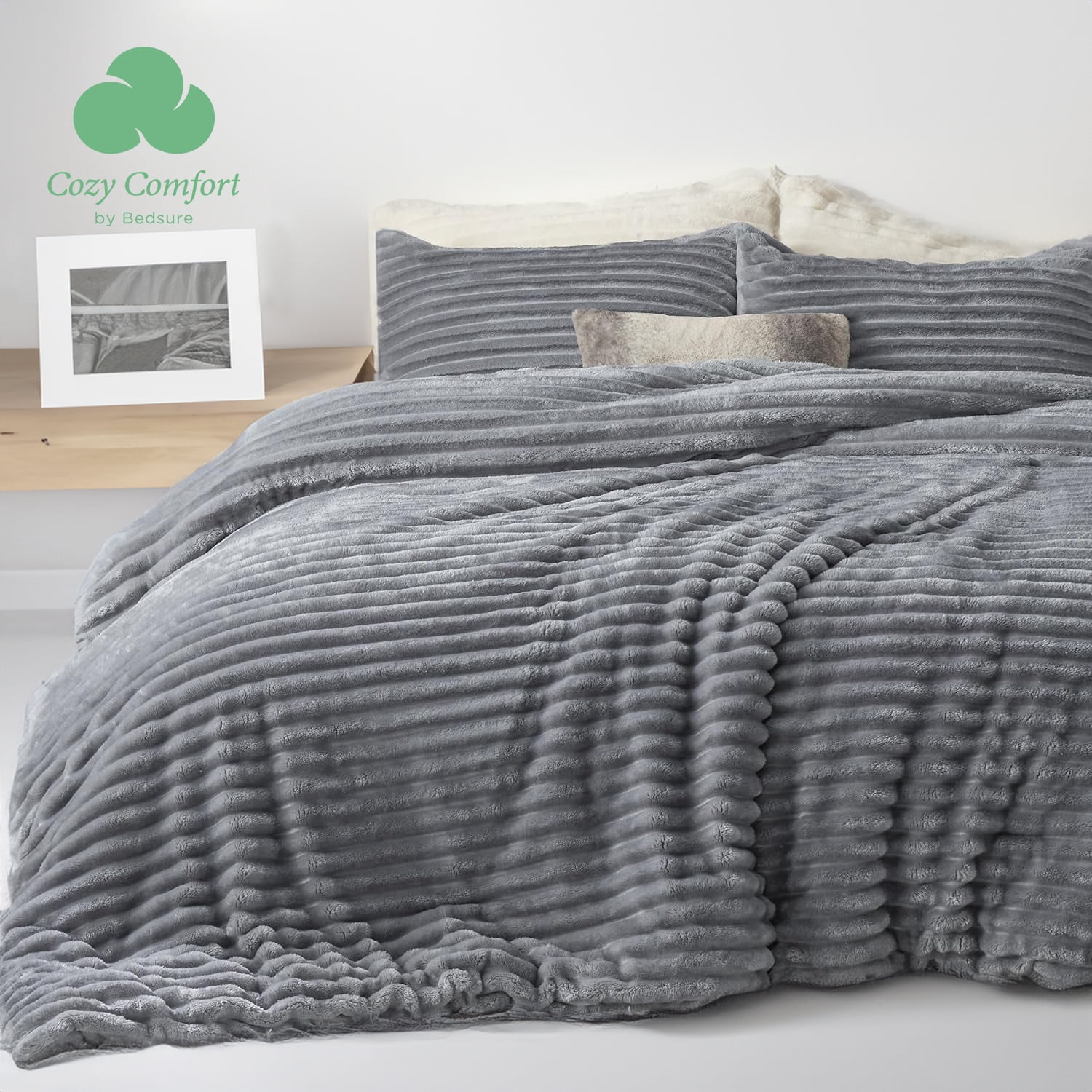 Cozy Comfort Fluffy Comforter Set Queen - Grey, 3 Pieces Plush Fuzzy ...