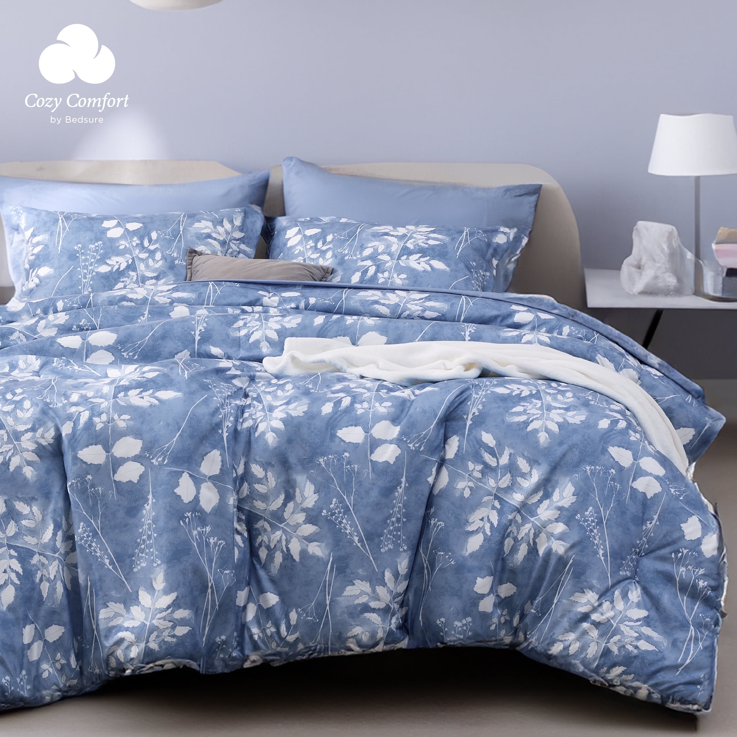Cozy Comfort Full Comforter Set - 7 Pieces Blue Floral Bedding Sets ...