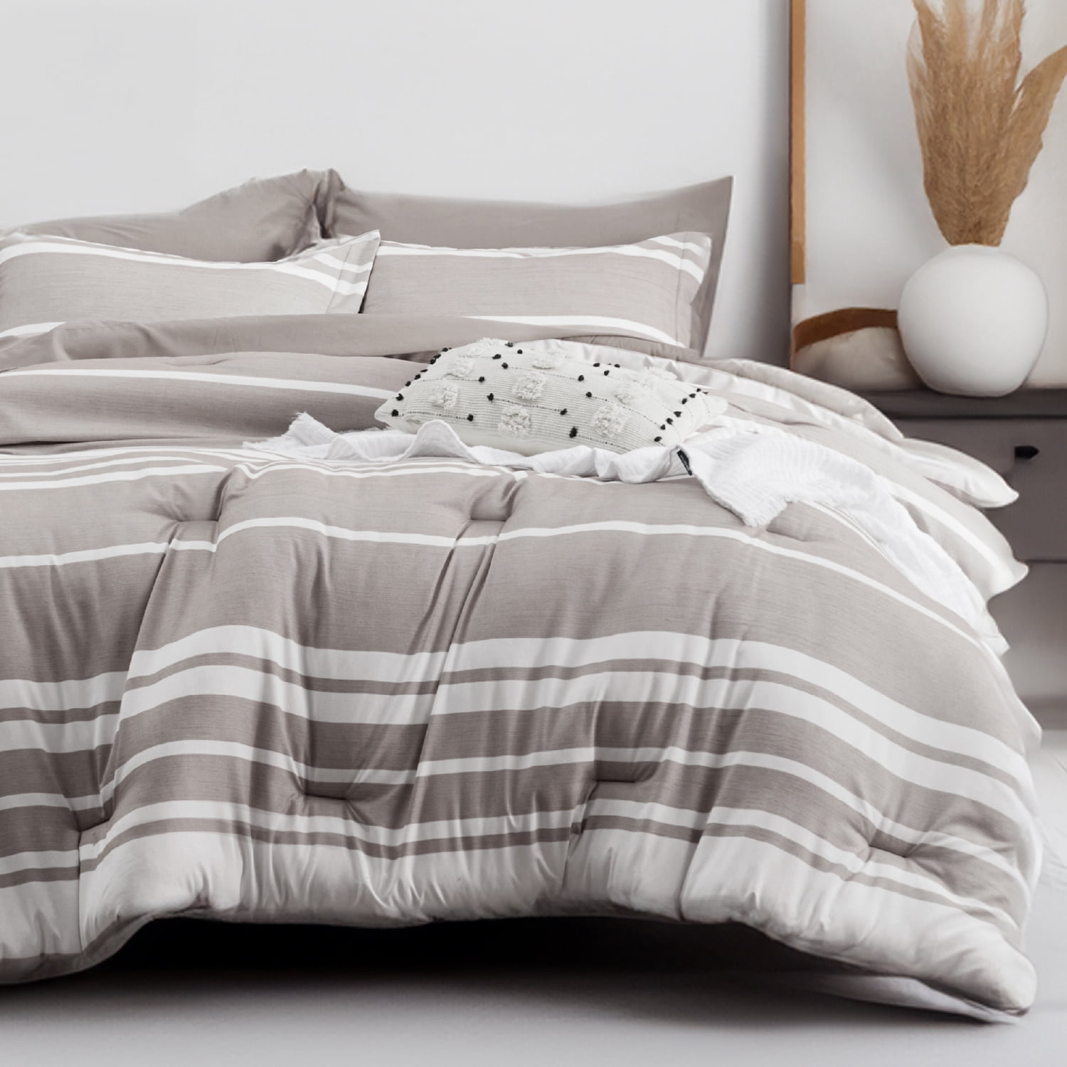 Cozy Comfort Full Size Bedding Sets 7 Pieces, Warm Taupe White Striped ...