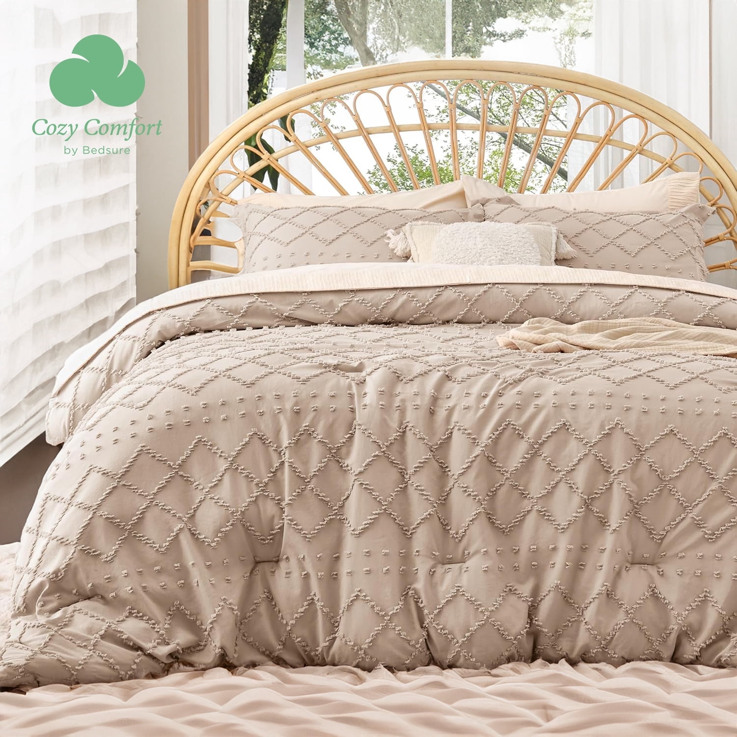 Cozy Comfort Full Size Comforter Set - Warm Tan Boho Tufted Shabby Chic ...