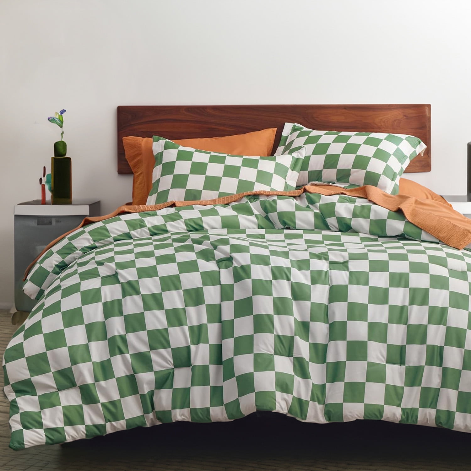 Green Checkered Comforter Set,3 Pieces, 1 Queen Fluffy Grid Plaid ...