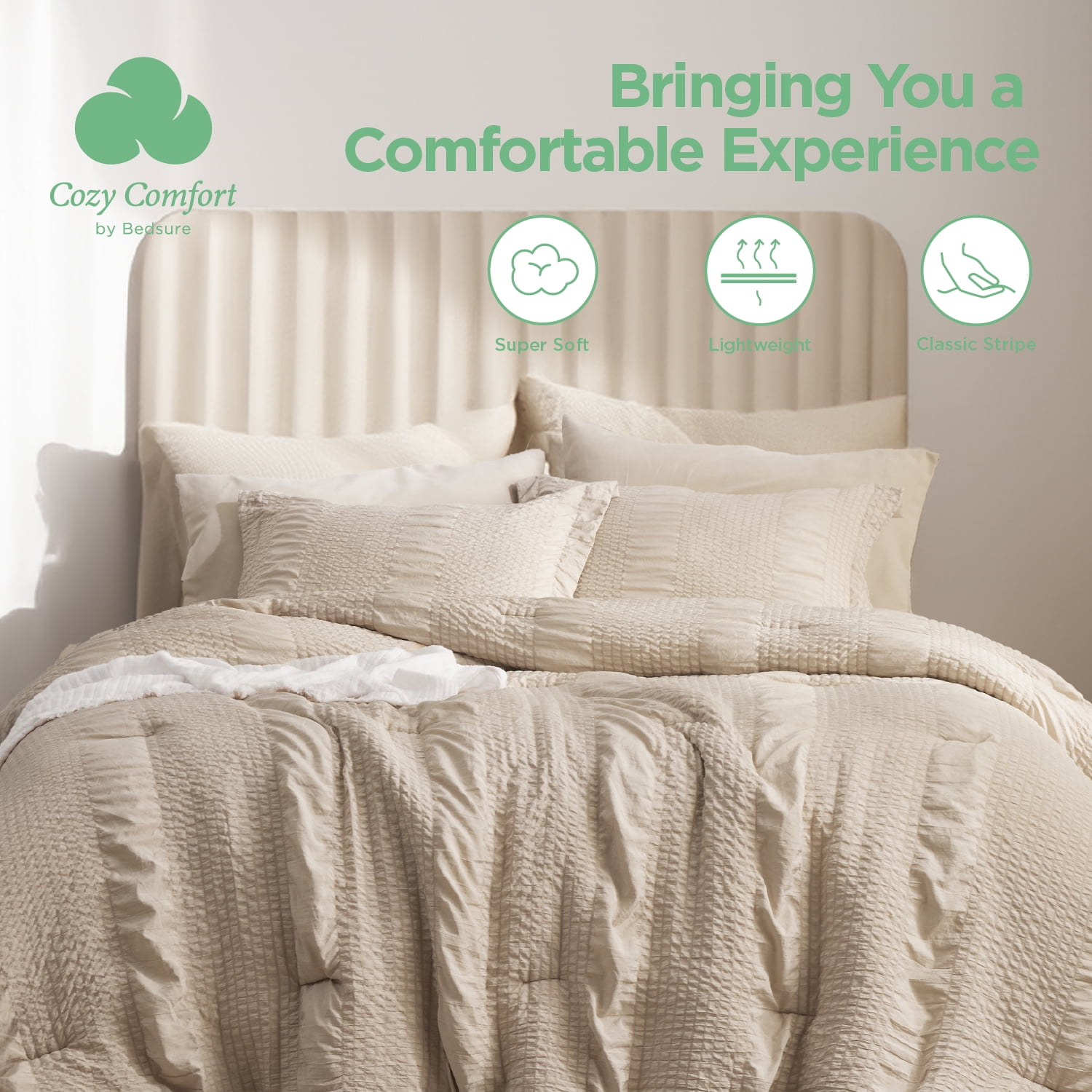 Bedsure King Comforter Set - 7pc Stripes Seersucker, Lightweight Down ...