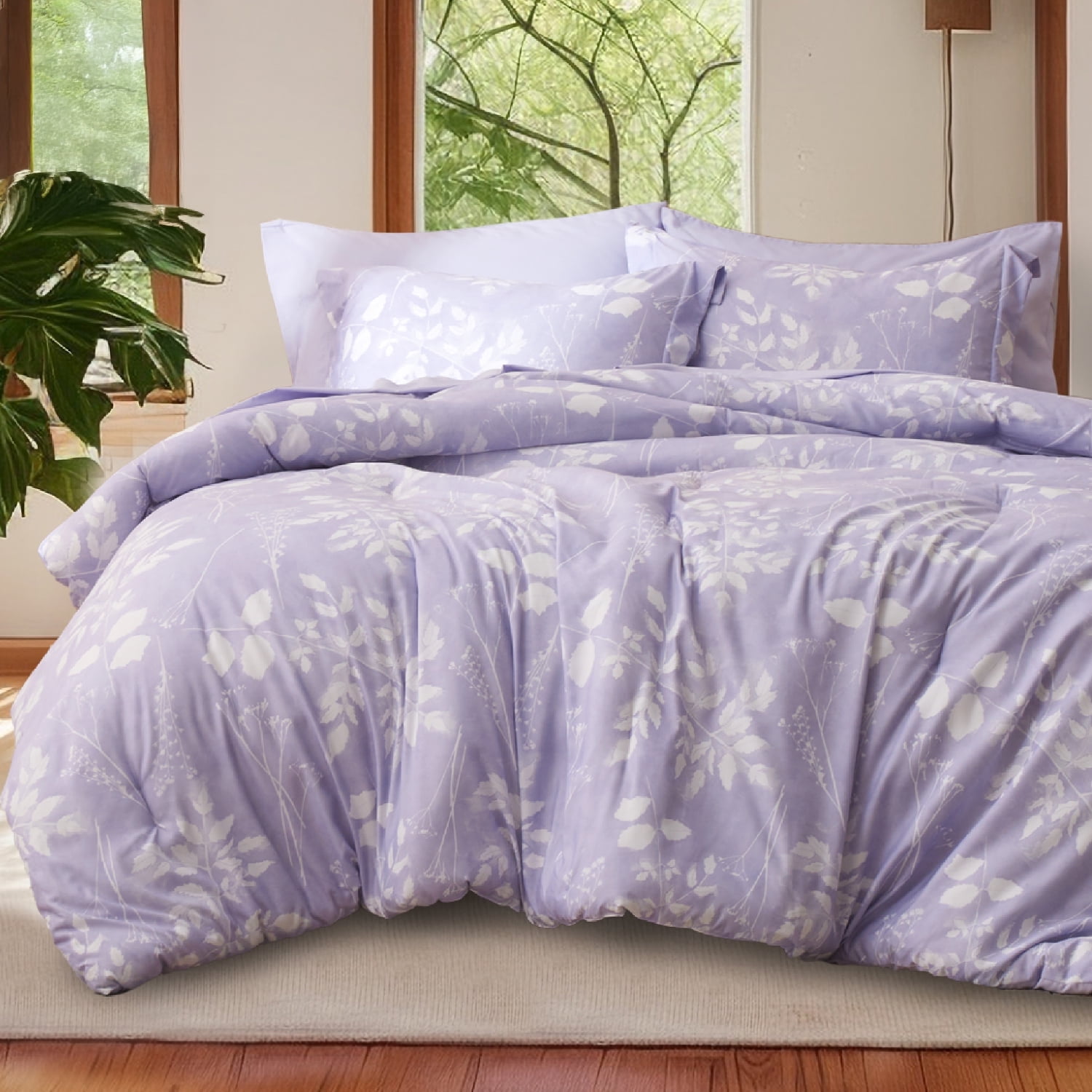 Cozy Comfort Queen Comforter Set, Light Purple Floral Bedding, 7-Piece ...