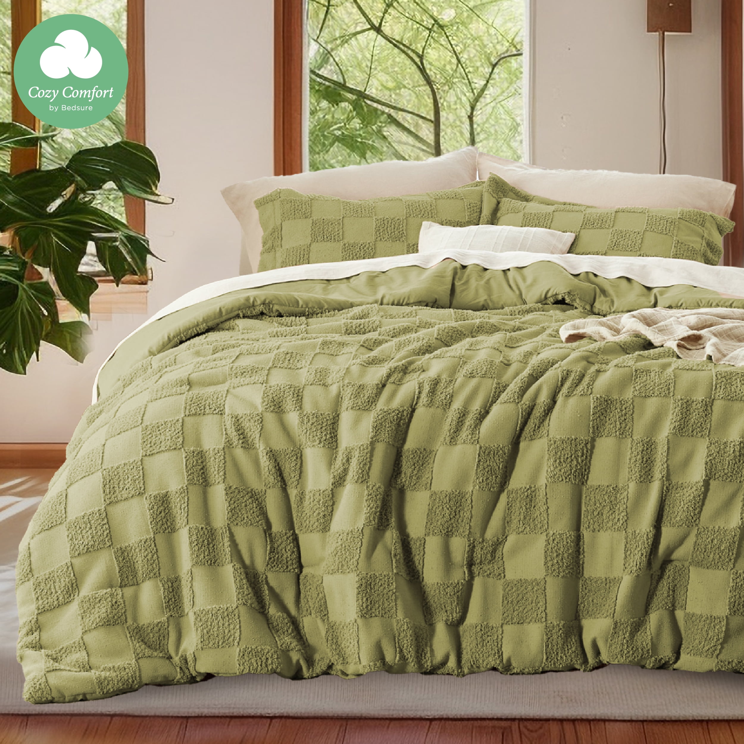 Cozy Comfort Olive Green Comforter Set, Twin, Boho Tufted Checkered ...