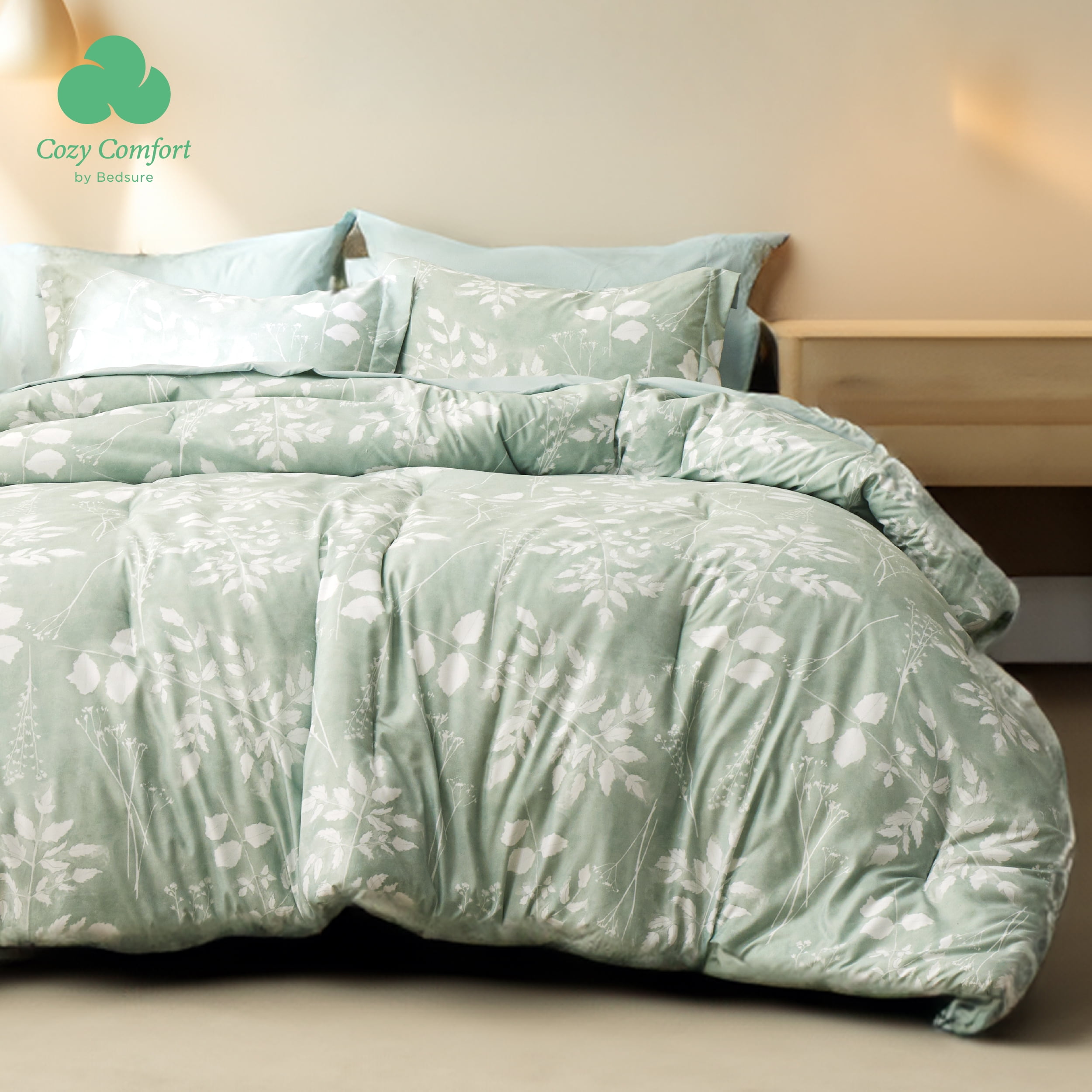 Cozy Comfort Queen Comforter Set - 7 Pieces Sage Green Floral Bedding ...