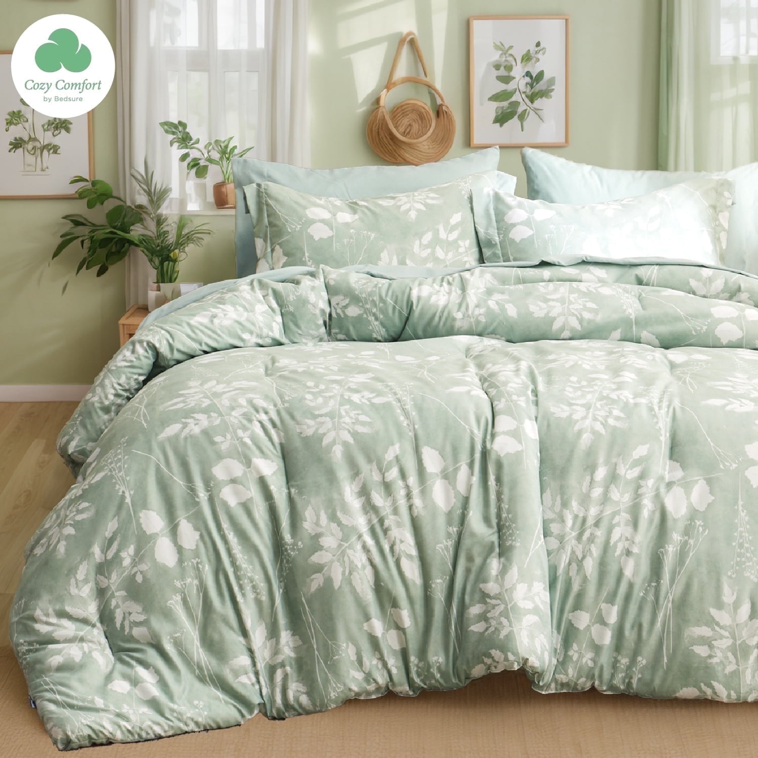 Cozy Comfort Queen Comforter Set - 7 Pieces Sage Green Floral Bedding ...