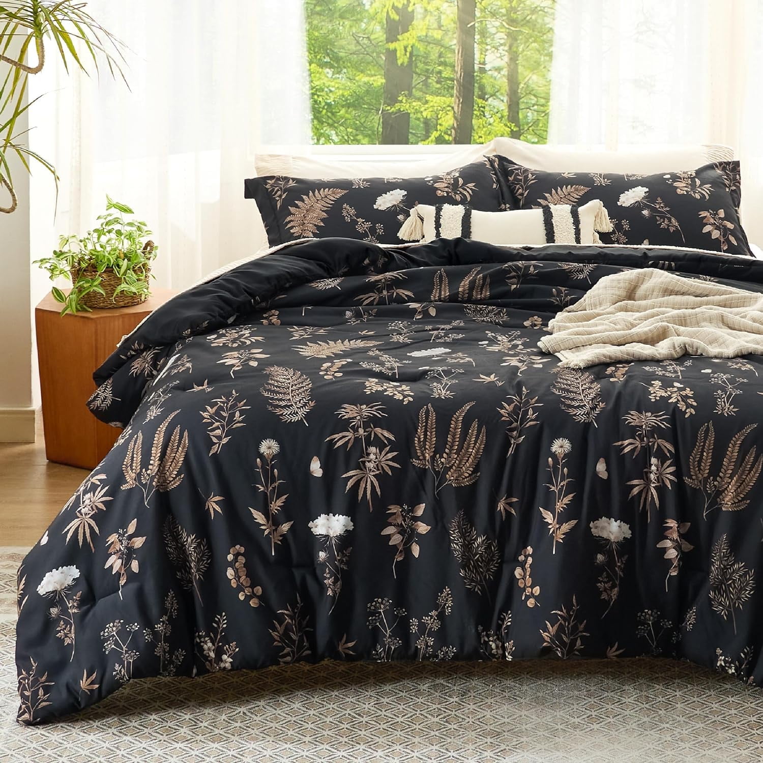 Cozy Comfort Queen Comforter Set - Black Floral Comforter Set, 3-Piece ...