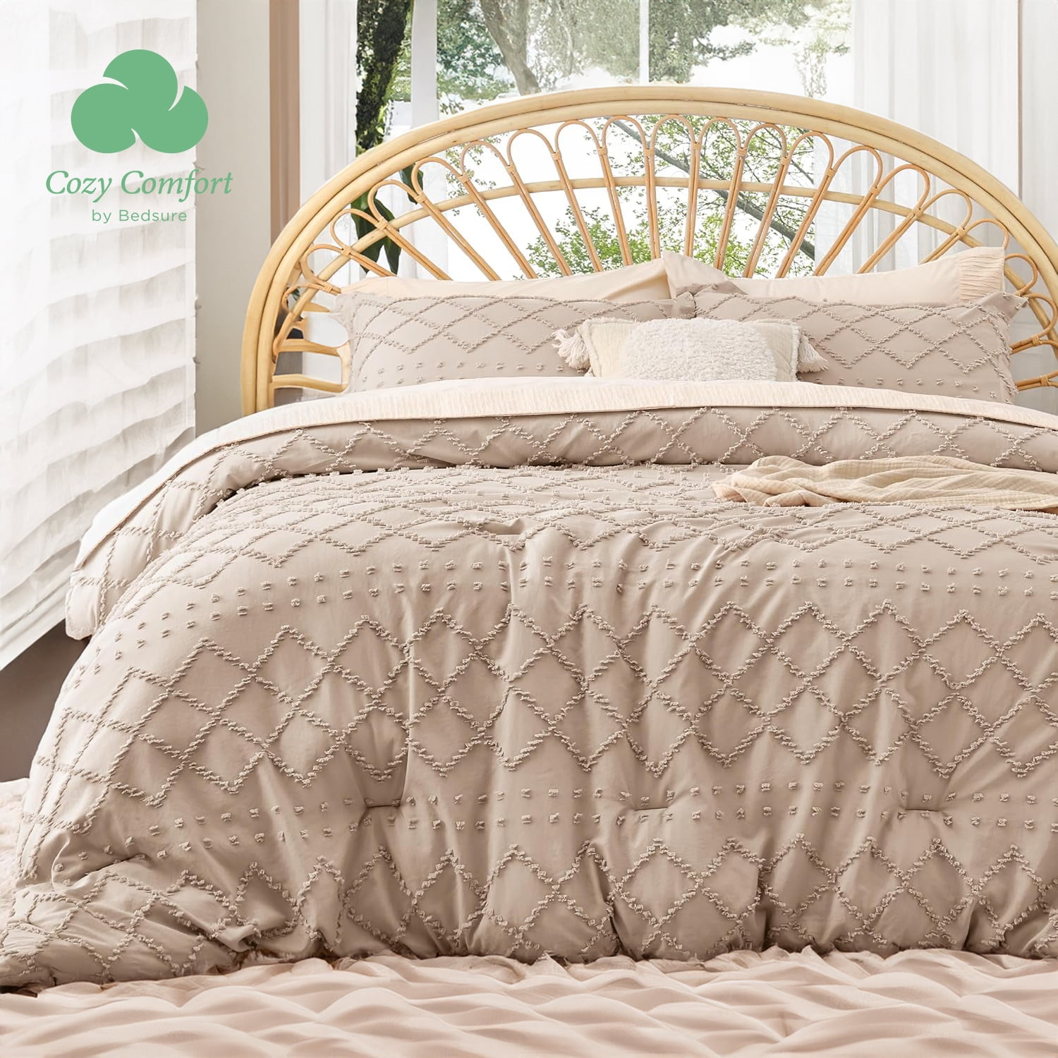Cozy Comfort Queen Comforter Set - Warm Tan Boho Tufted Shabby Chic ...