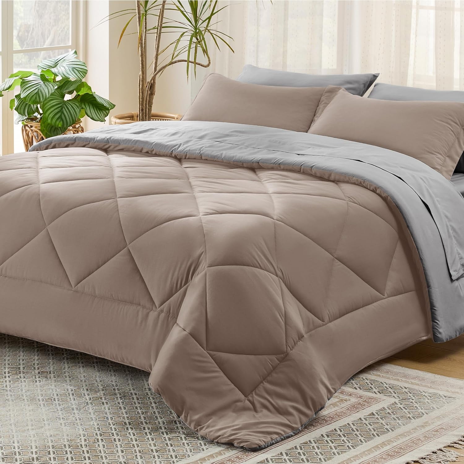Cozy Comfort Taupe Queen Comforter Set - 7 Pieces Reversible Queen Bed ...