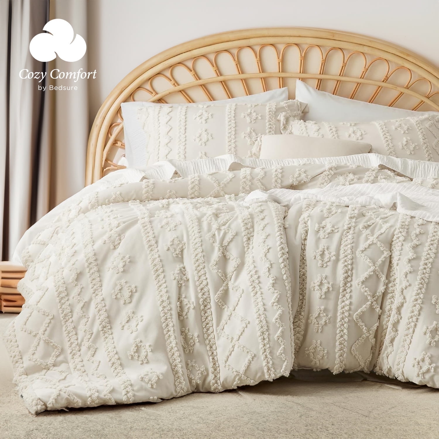 Cozy Comfort Tufted Boho Comforter Set Queen, Beige, 3 Pieces Farmhouse ...