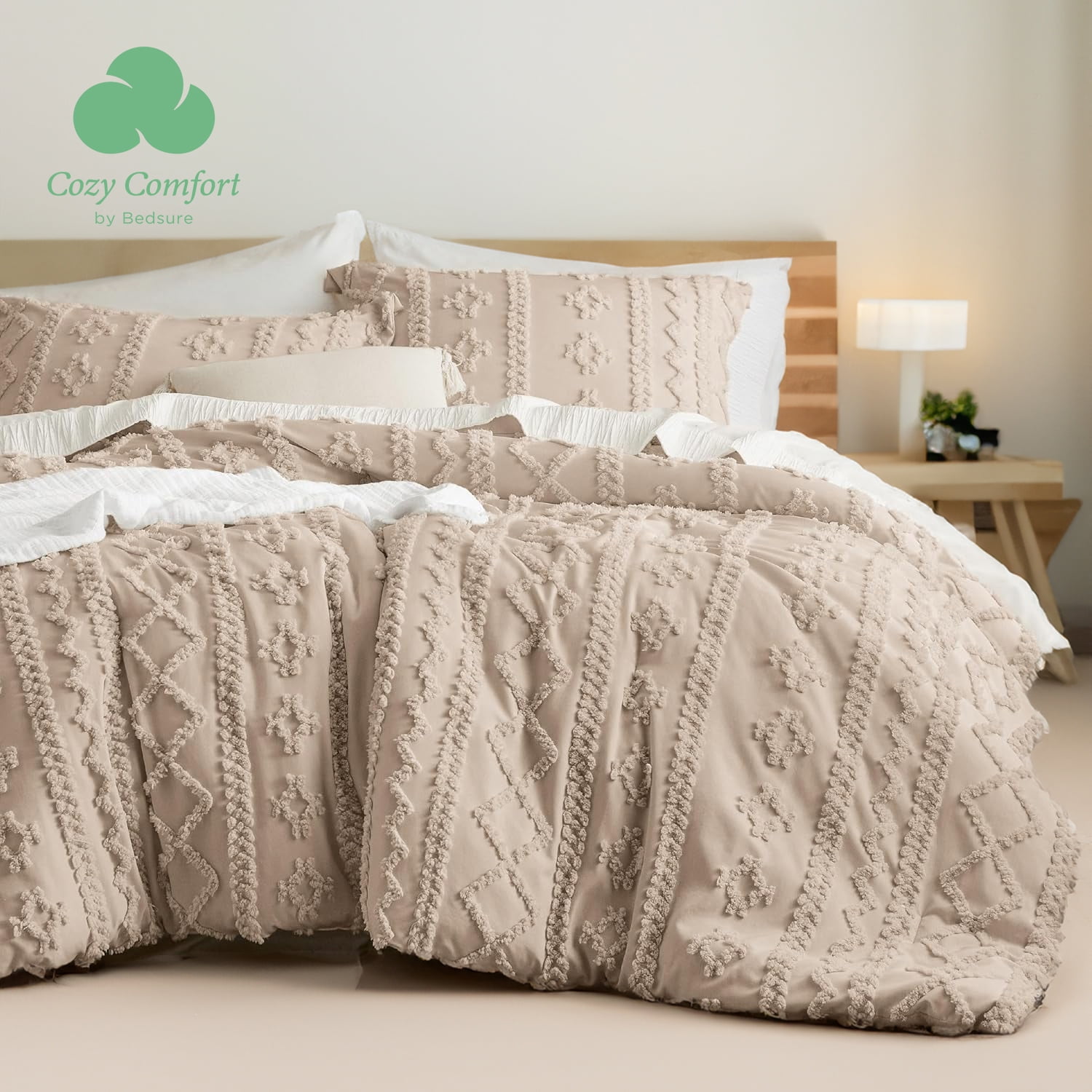 Cozy Comfort Tufted Boho Comforter Set Queen, Khaki, 3 Pieces Farmhouse ...