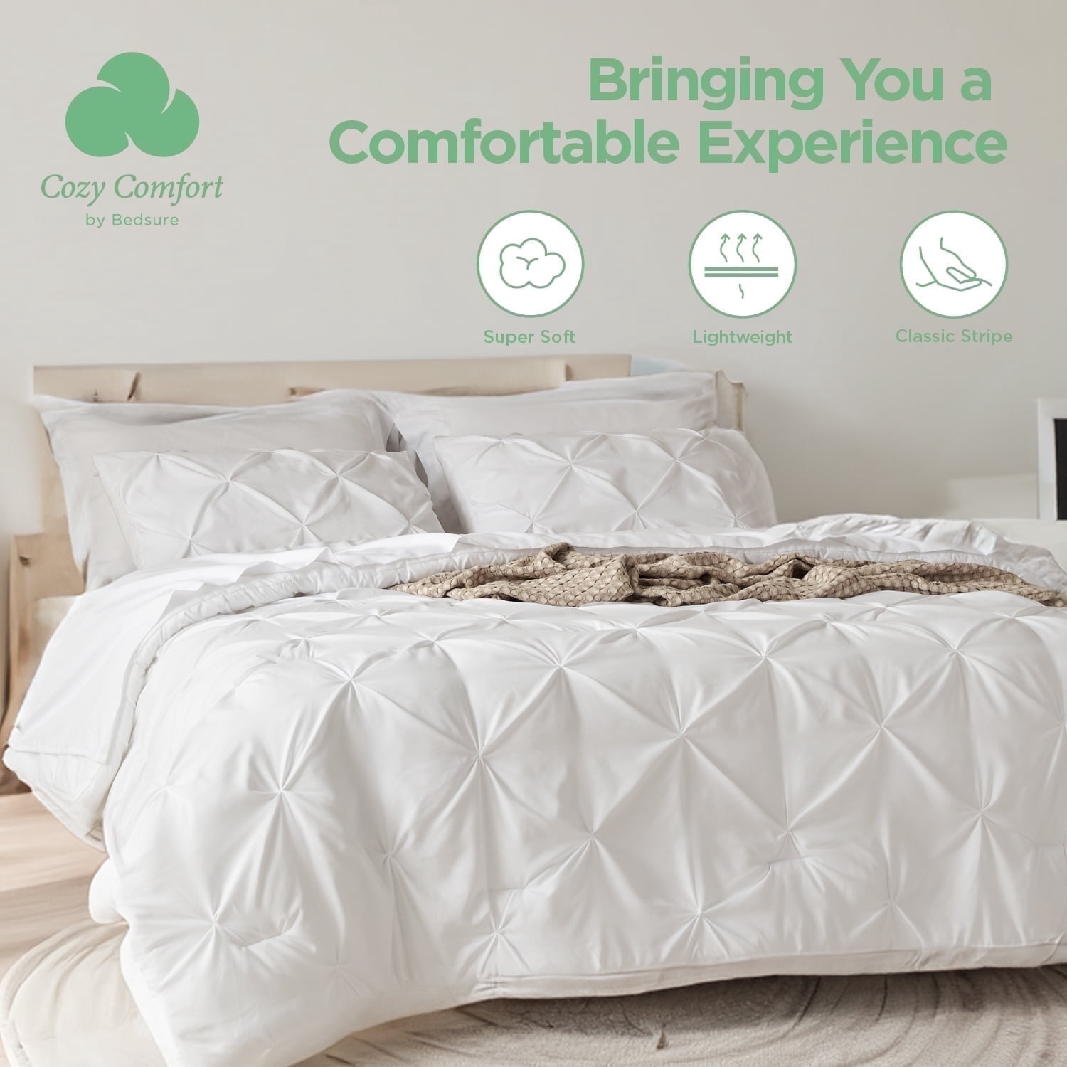 Cozy Comfort White Full Comforter Set, 7 Pieces, Pintuck Bed in a Bag ...