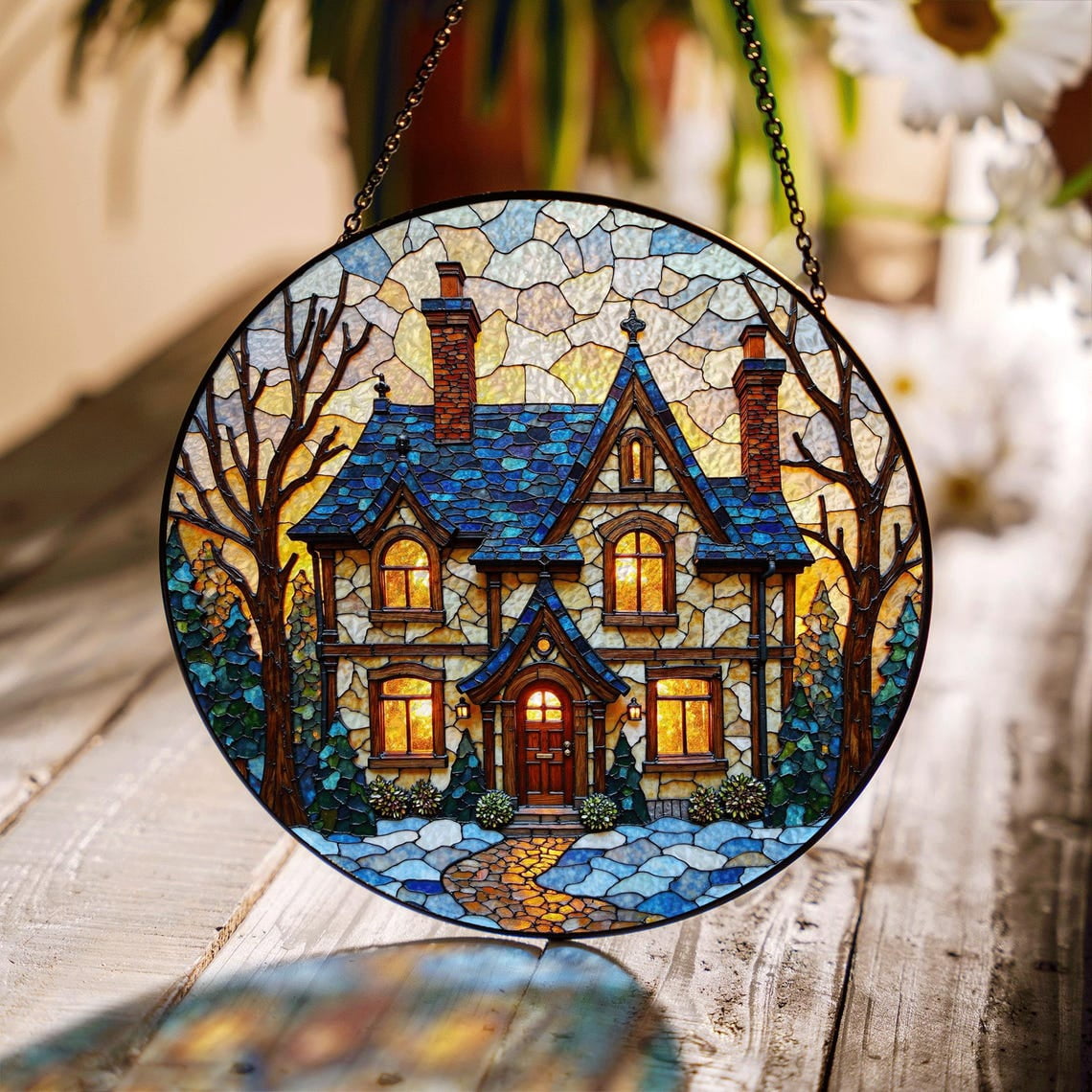 Cozy Cottage Glass Suncatcher, Window Decor, Housewarming, 3.5 in ...