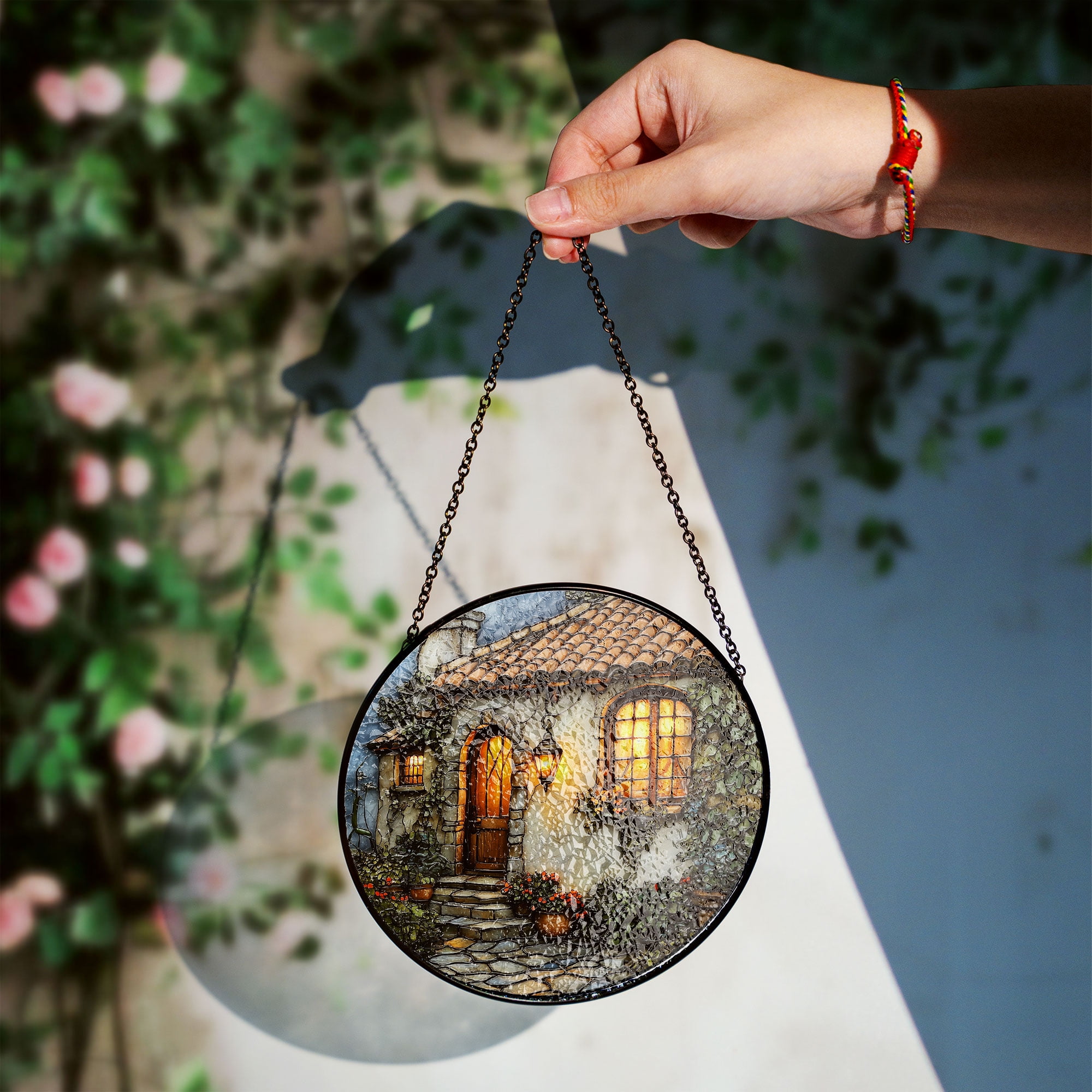 Cozy Cottage Stained Glass Window Hanging - Handmade Sun Catcher ...